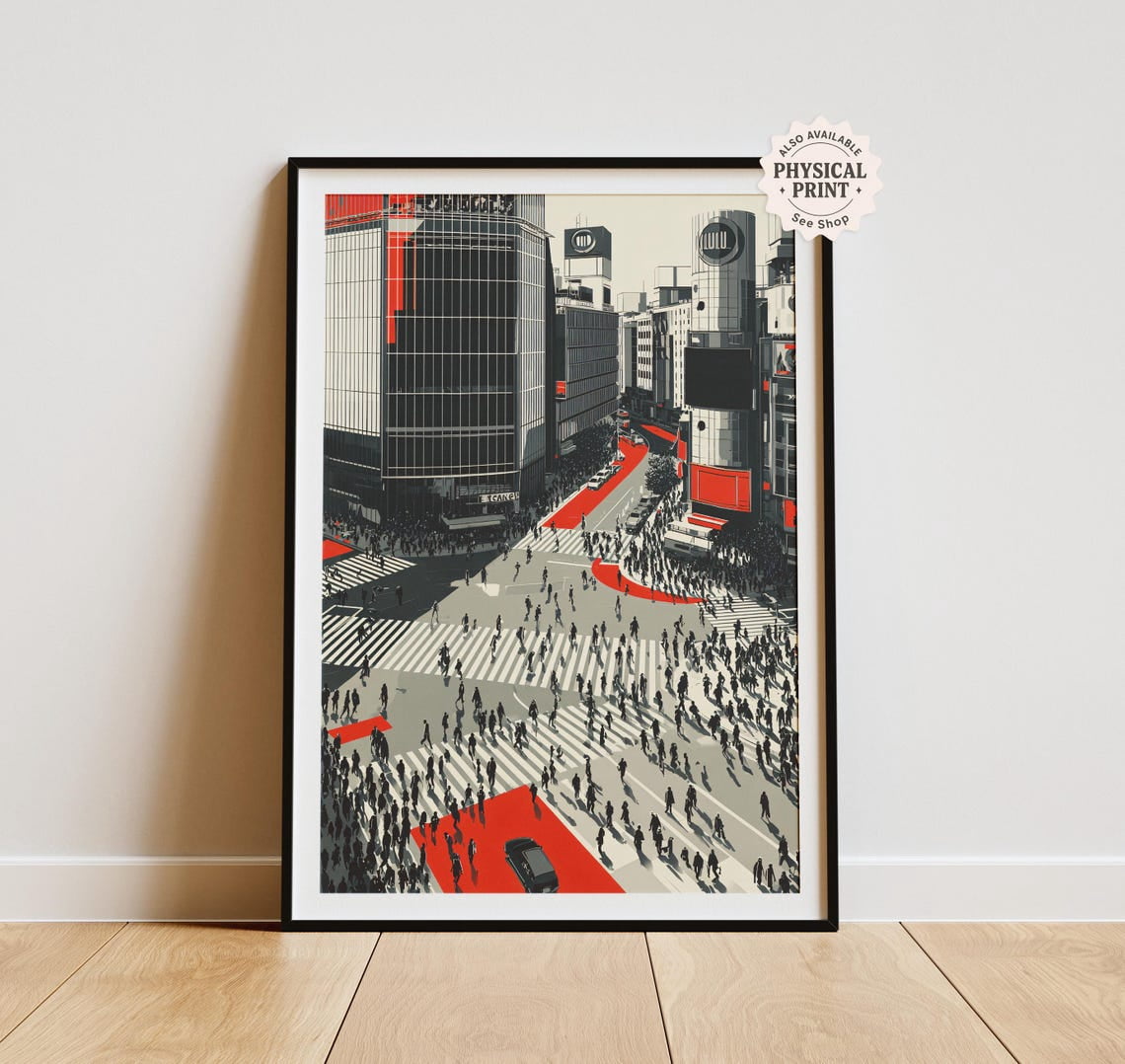 Tokyo Shibuya Crossing Print, Minimalist Red & Black Cityscape Home ...