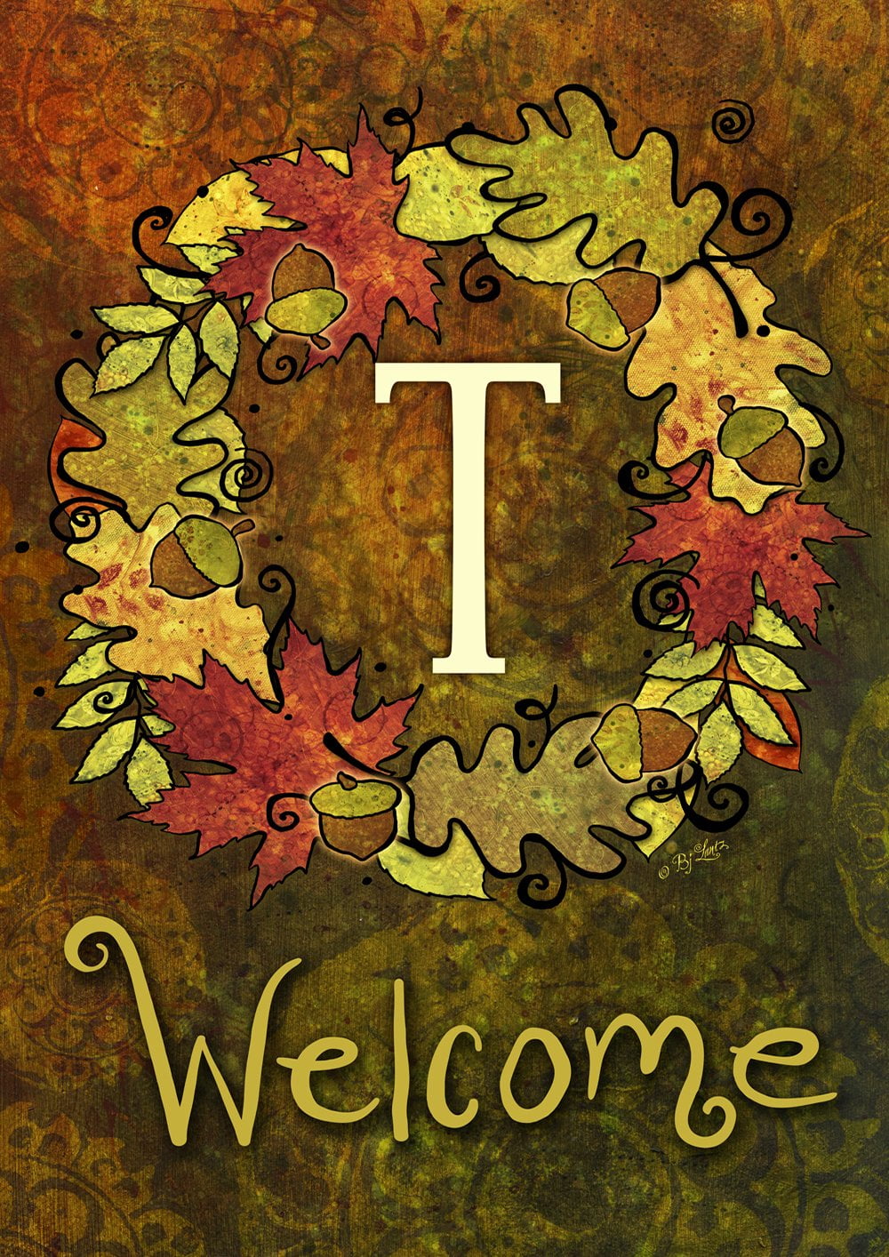 Toland Home Garden Fall Wreath Monogram T Personalized Fall Flag Double ...