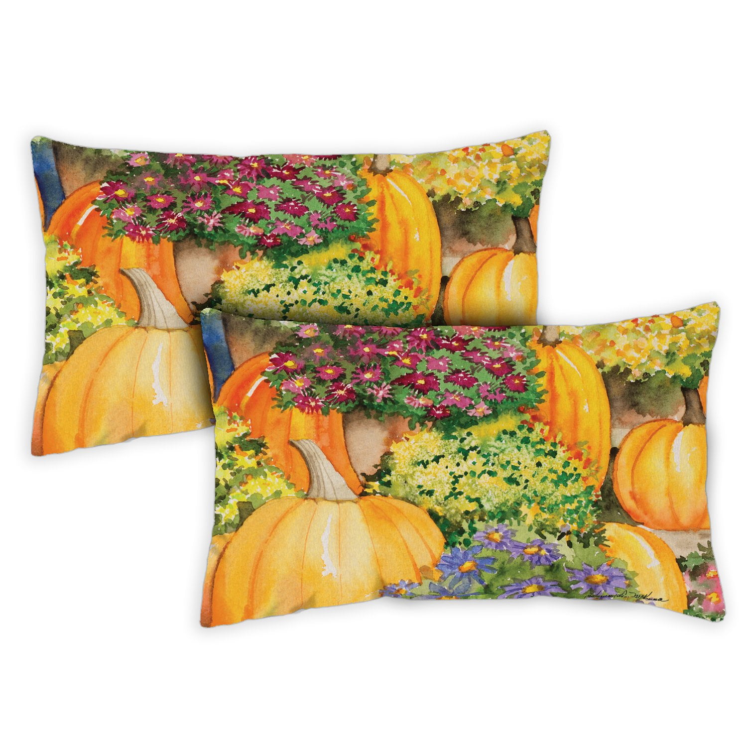Toland Home Garden Set of 2 Pumpkins & Mums Fall Pillow Covers 12x18 ...