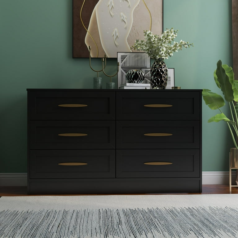 Tolead 6 Drawer Dresser Black Chest with Gold Handles Sturdy Adult