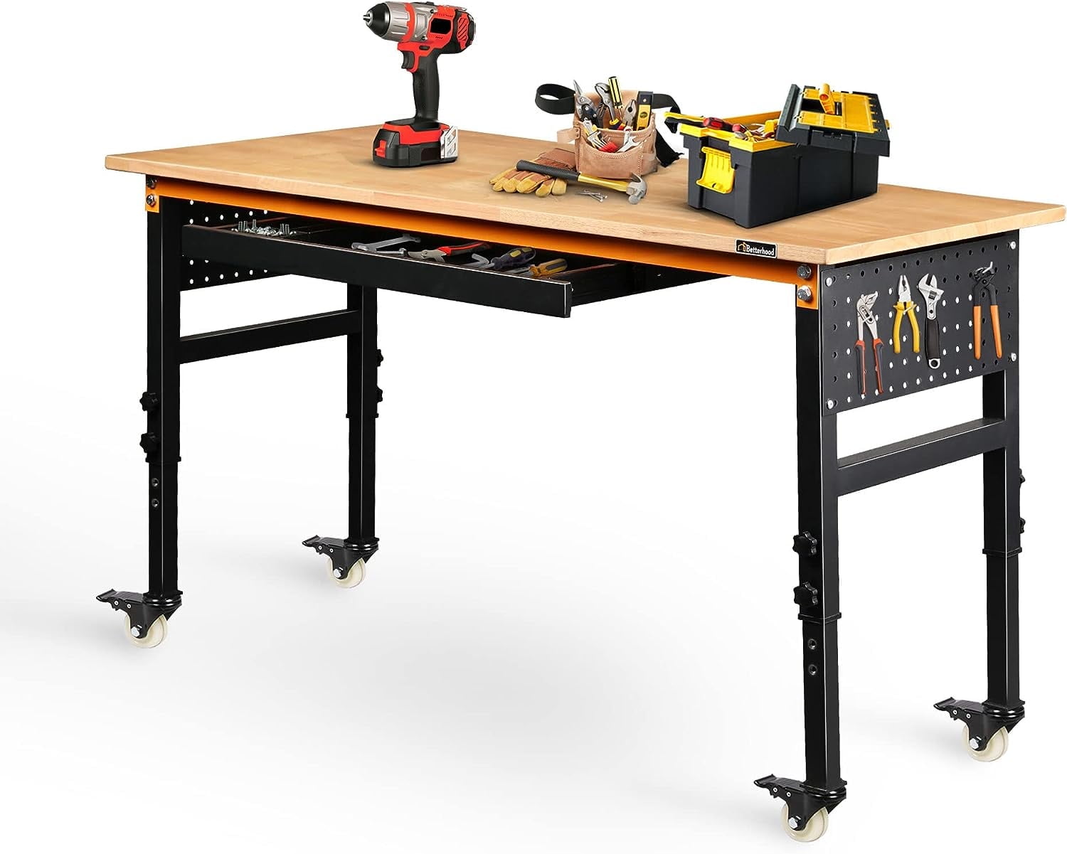 "Tolead 60"" Oak & Steel Workbench - Heavy-Duty, Adjustable with Wheels ...
