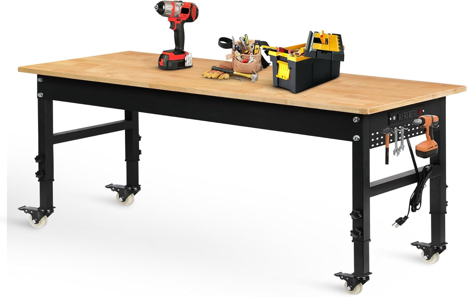 Tolead 70" Heavy-Duty Adjustable Rubber Wood Workbench, Wheels & Power ...
