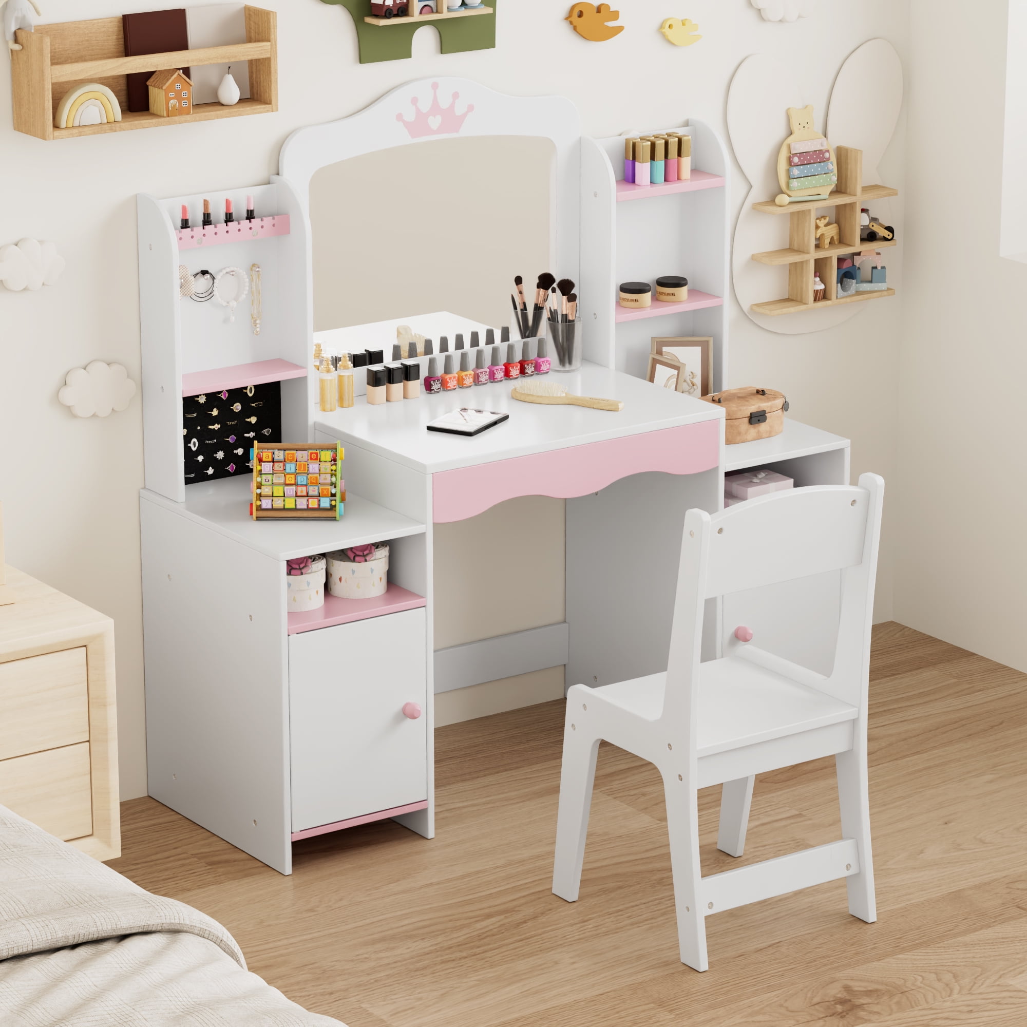 Tolead Elegant White 2 - in - 1 Kids Vanity Set: Storage Cabinet, Open ...