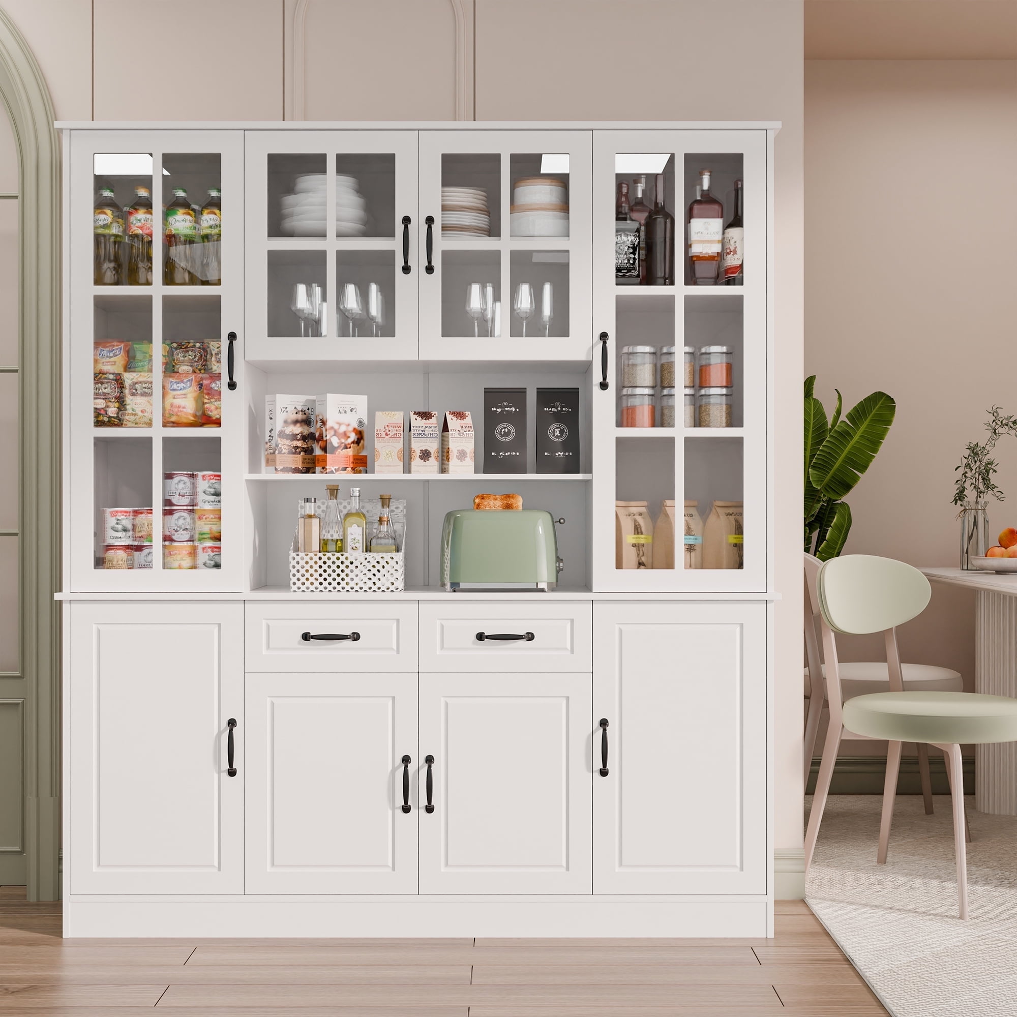 TOLEAD Adjustable Shelves Kitchen Hutch MDF Board/Tempered Glass White ...