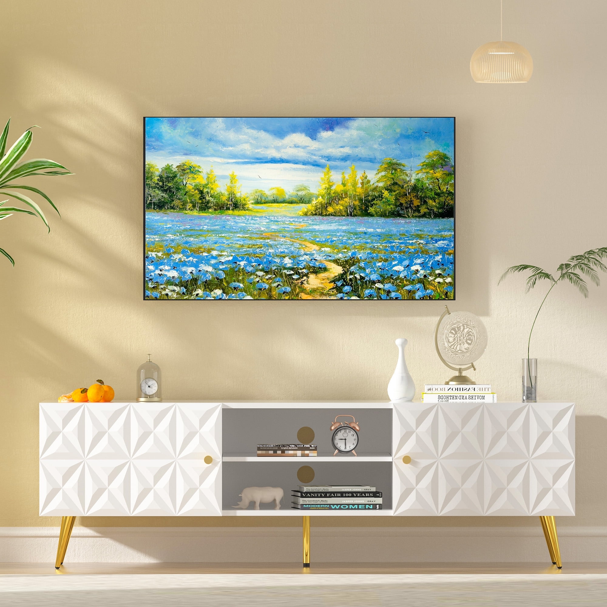 Tolead Modern White TV Stand for 65 Inch TVs - Embossed Geometric ...