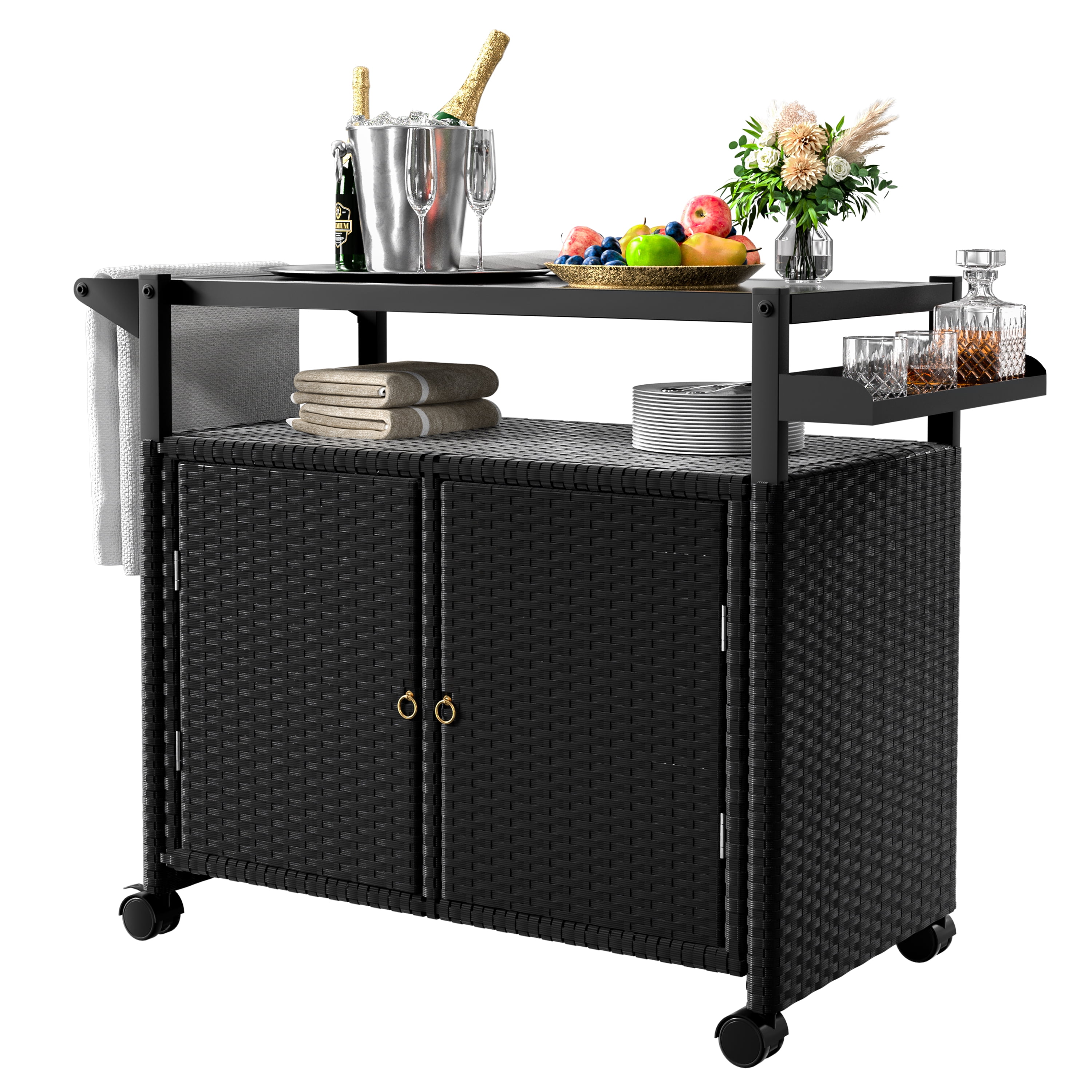 Tolead Outdoor Rolling Wicker Bar Cart, Patio Rattan Wicker Table with ...
