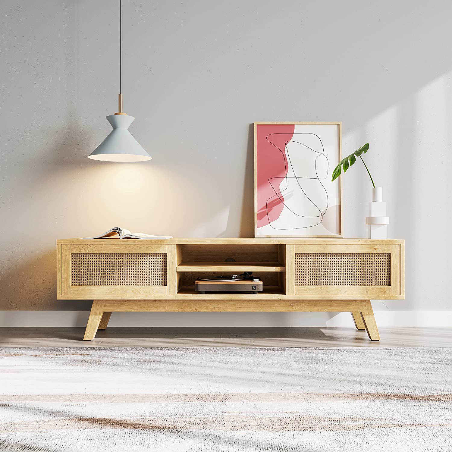 Tolead Rattan Low Profile TV Stands with Sliding Doors, up to 65" TV ...