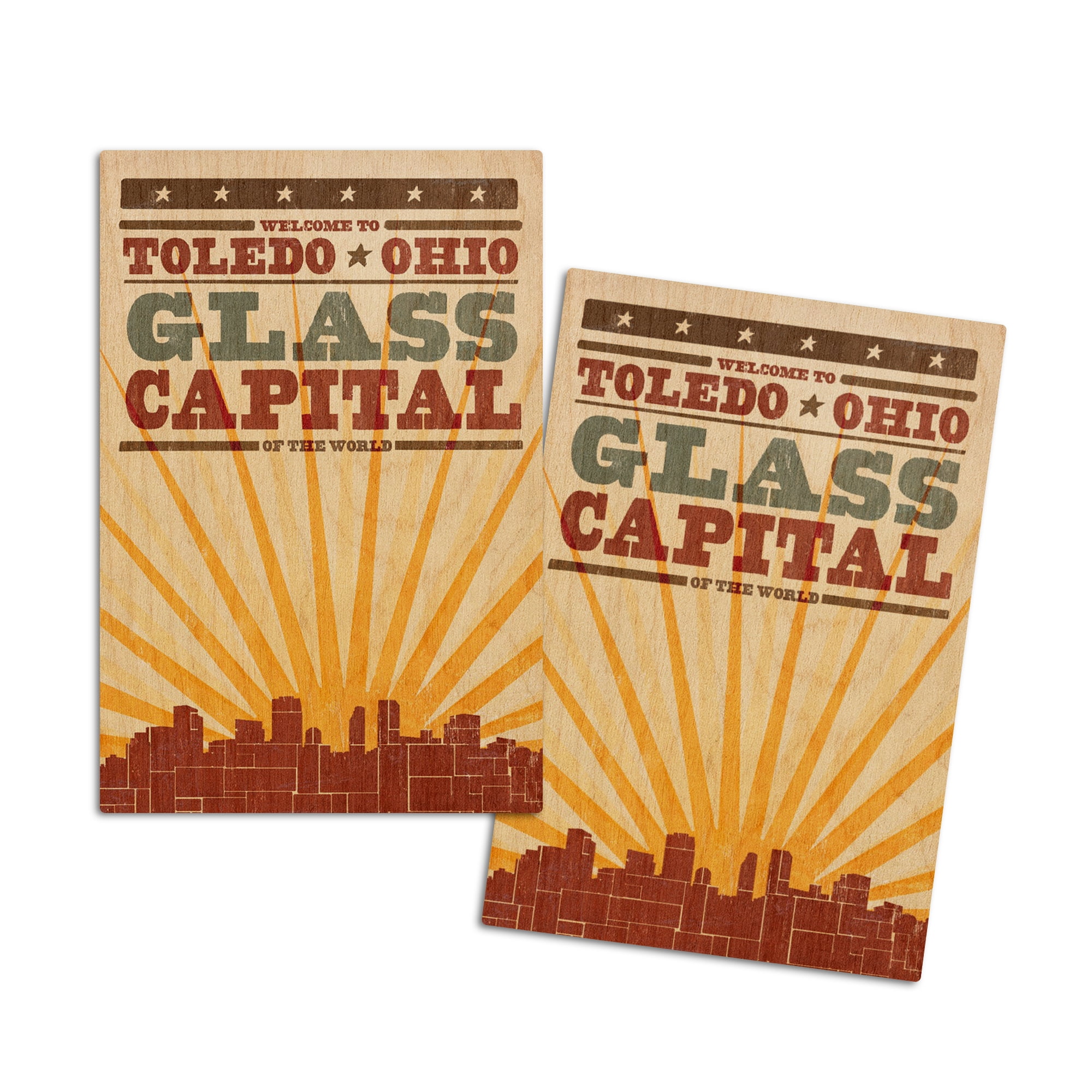 Toledo, Ohio, Skyline and Sunburst Screenprint Style (4x6 Birch Wood ...