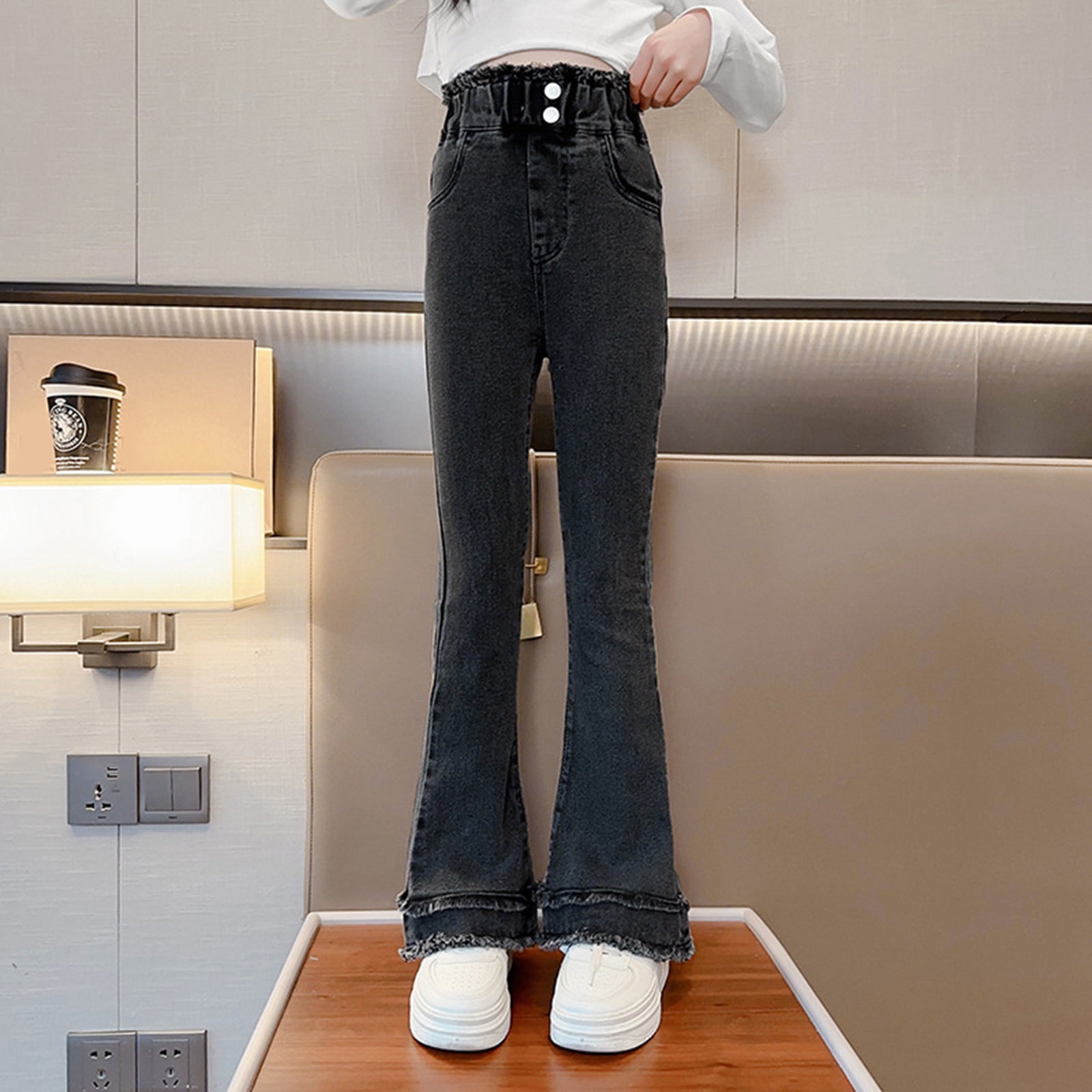 Tollder Girl High Elastic Waist Flare Leg Pants Casual Long Bell Bottom ...