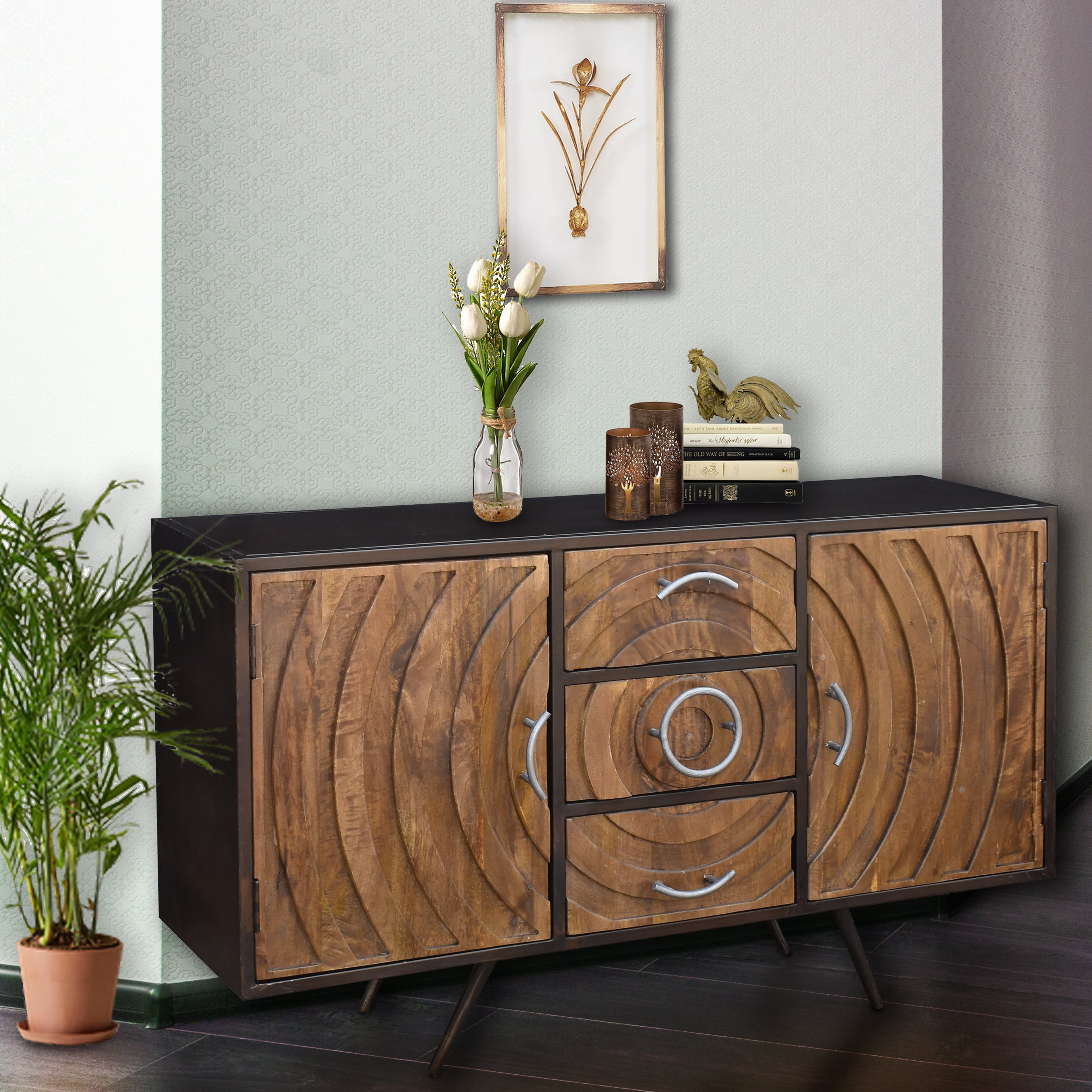 Toltec Recycled Mango Wood and Metal Buffet with 3 Drawers and 2 Doors ...