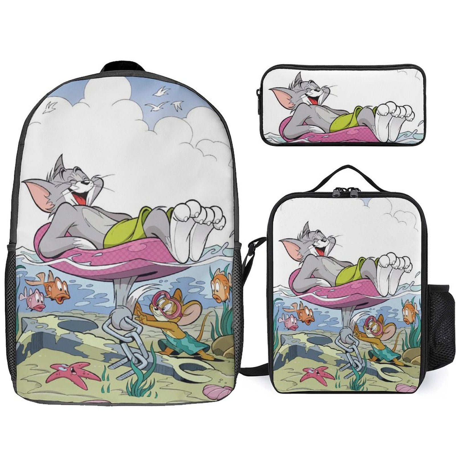 Tom And Jerry Anime Print School Bag 3 Pcs Set, Backpack, Lunch Bag ...