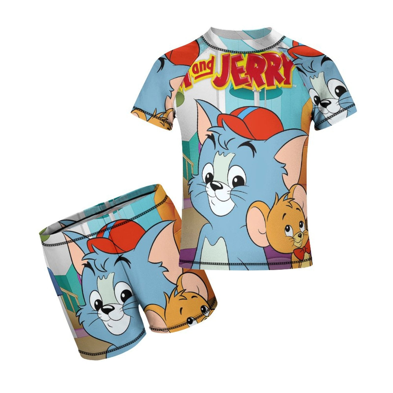 Tom And Jerry Boys 2-Piece Swimsuit Set, Short Sleeve Rash Guard & Swim ...