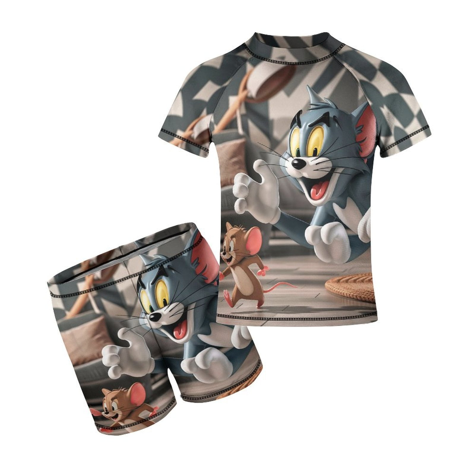 Tom And Jerry Boys 2-Piece Swimsuit Set, Short Sleeve Rash Guard & Swim ...