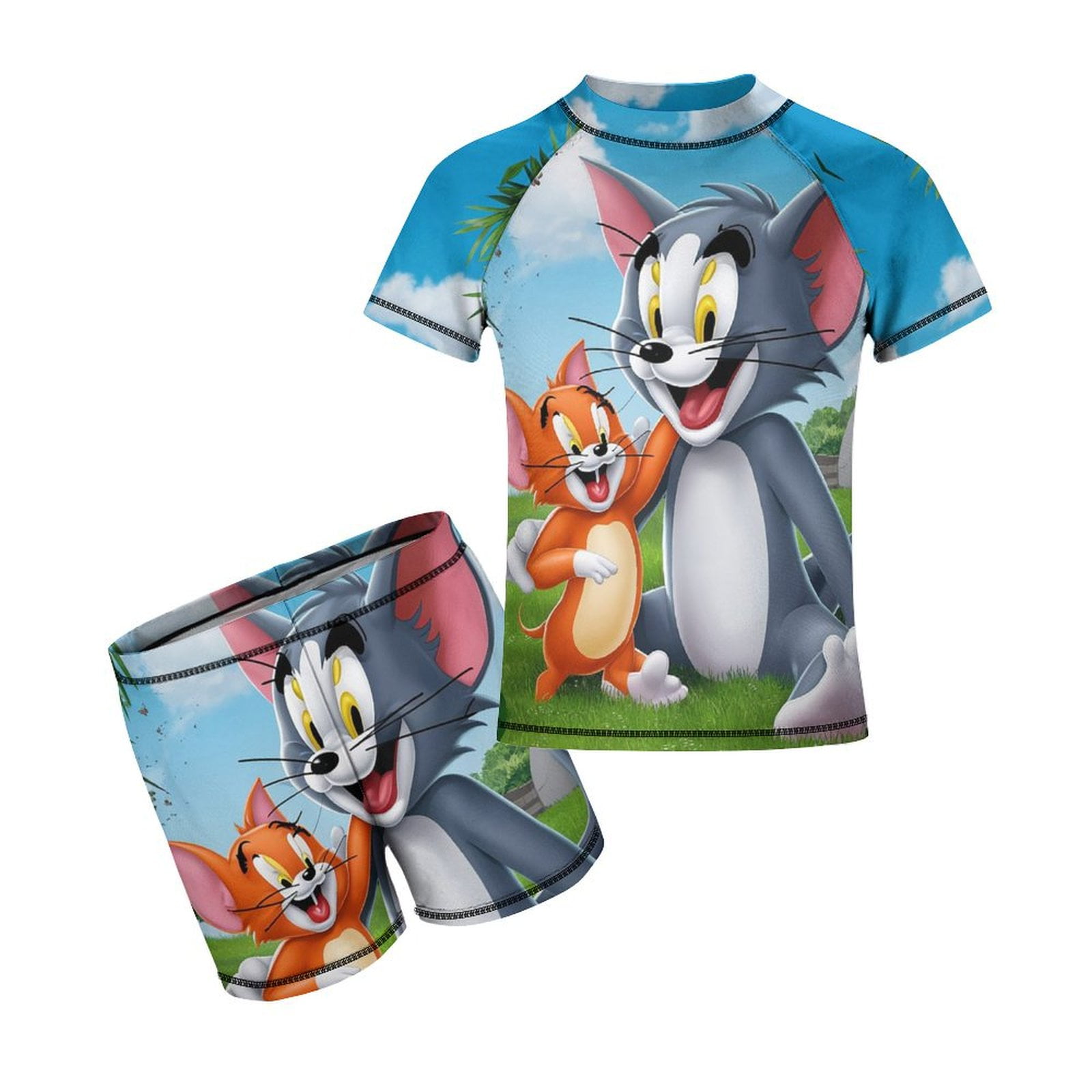 Tom And Jerry Boys 2-Piece Swimsuit Set, Short Sleeve Rash Guard & Swim ...