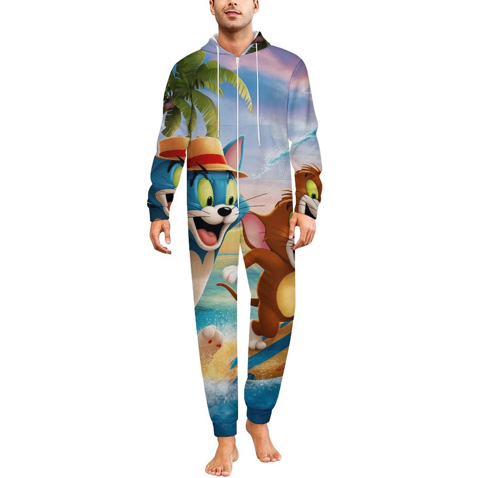 Tom And Jerry Unisex Onesie Pajamas Zipper Jumpsuit Hooded One Piece ...