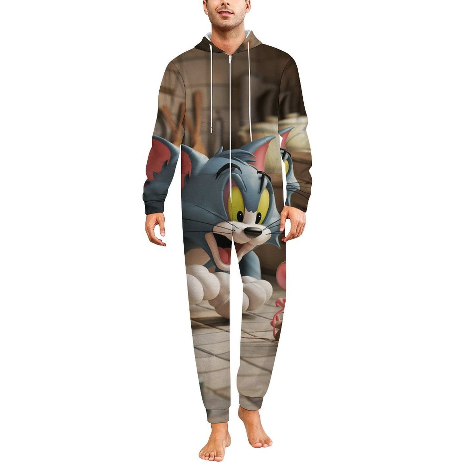 Tom And Jerry Women Men Pajamas Zipper Onesie Jumpsuit Hooded One Piece ...