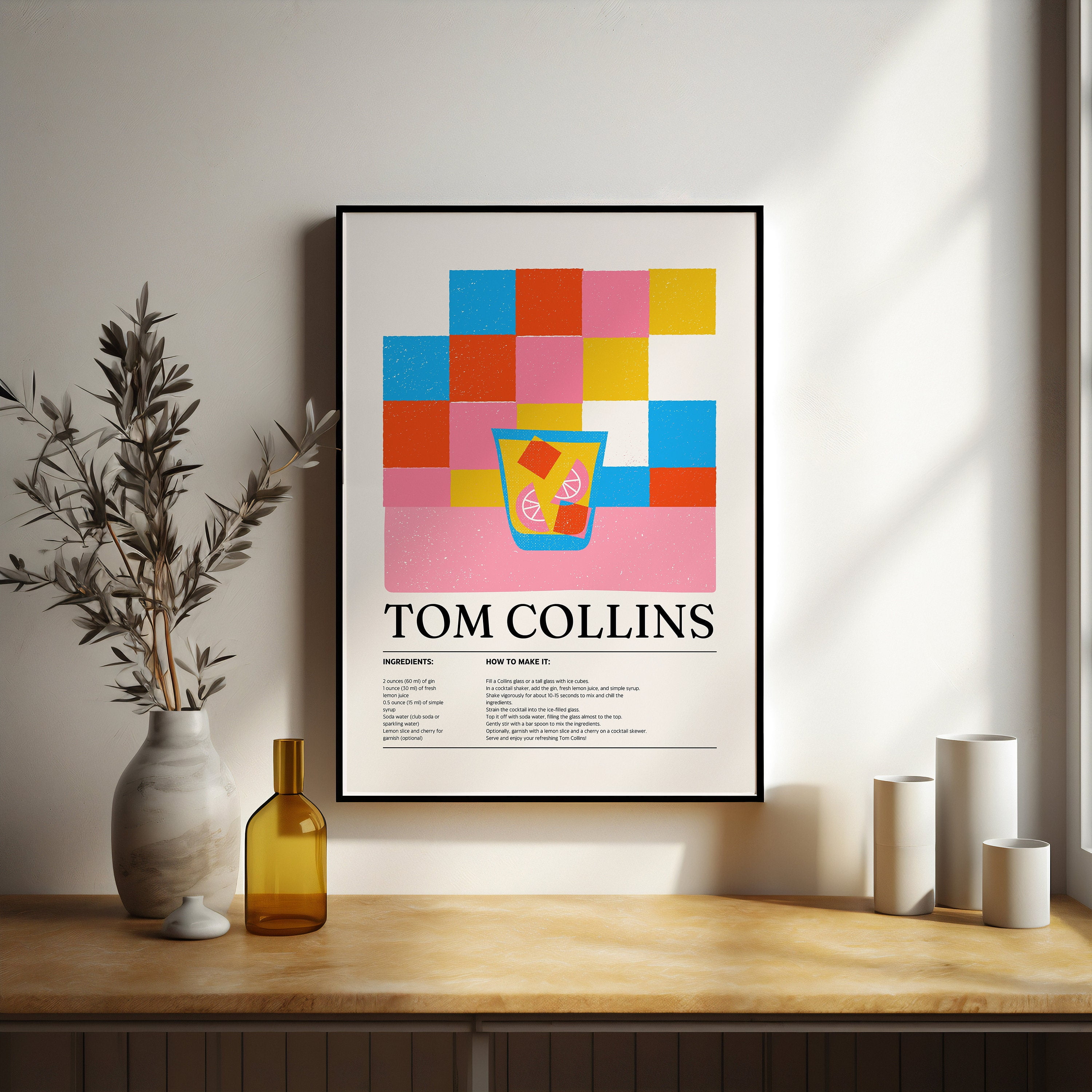 Tom Collins Classic Cocktail Print Drinks Wall Art Bar Poster Recipe ...