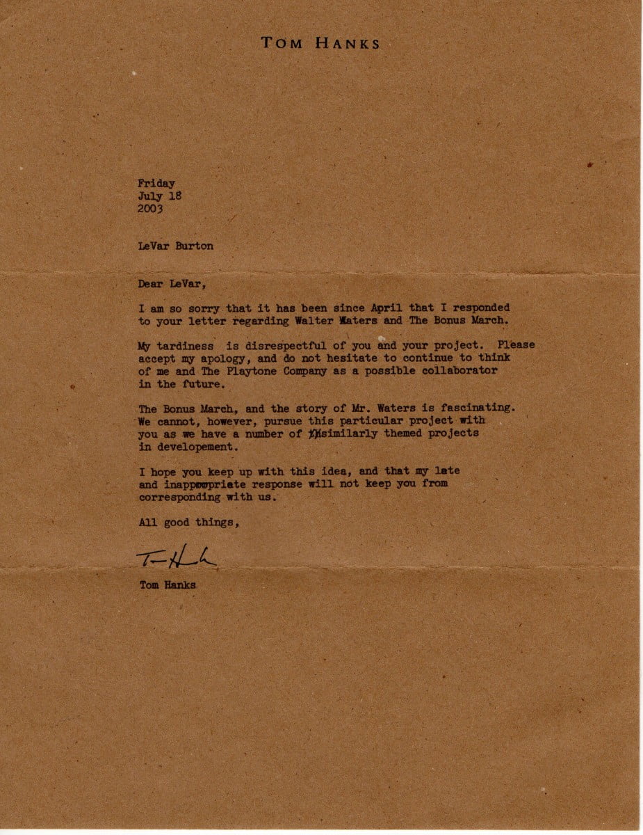 Tom Hanks Signed Autographed Letter To LeVar Burton Walter Waters JSA ...