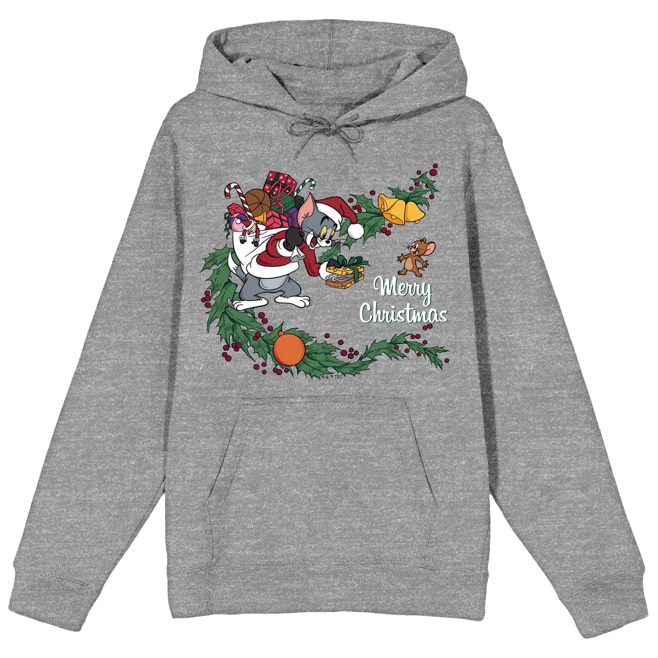 Tom & Jerry Christmas Goodie Bag Long Sleeve Gray Heather Adult Hooded ...