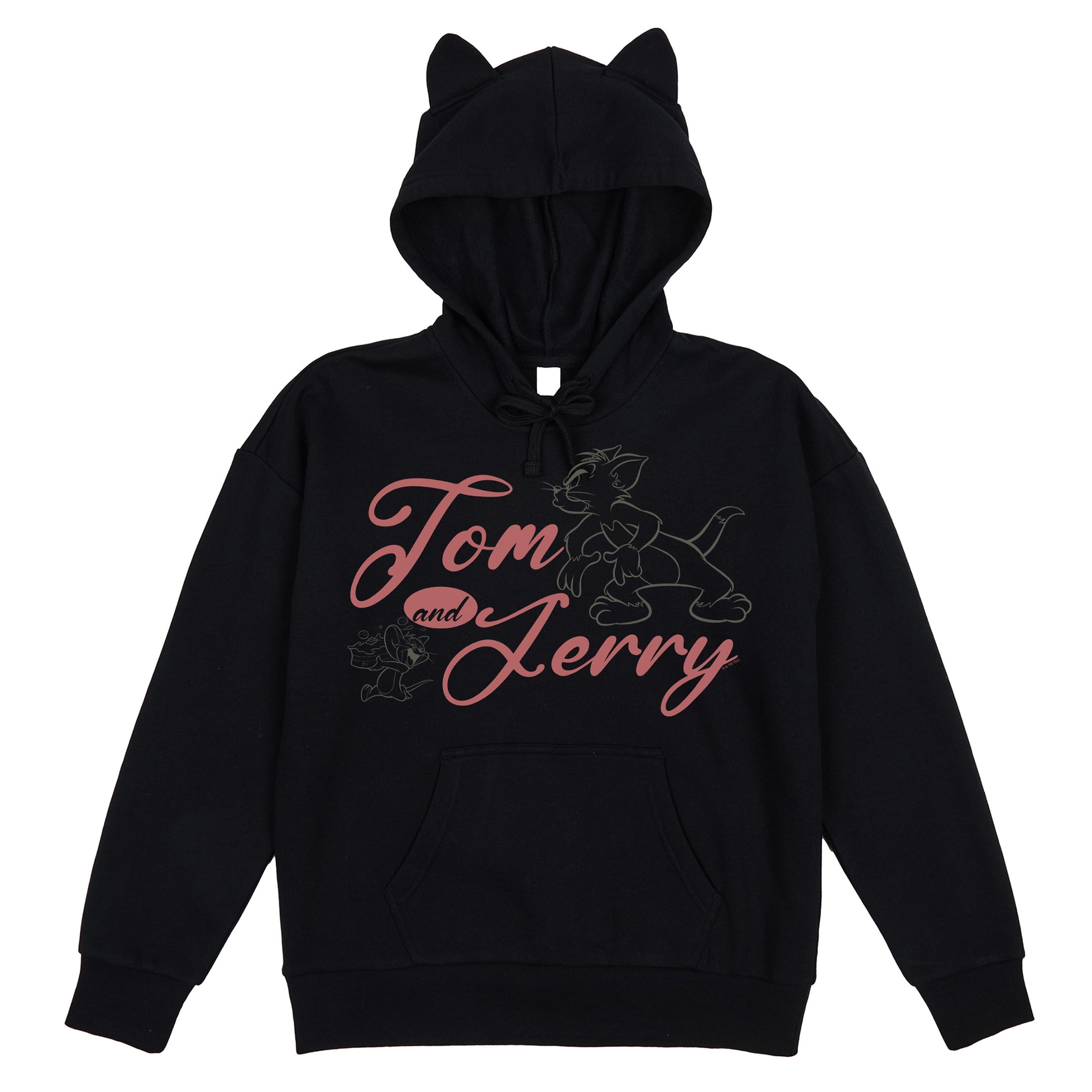Tom & Jerry Line Art Adult Black Long Sleeve Hooded Sweatshirt With 3D ...