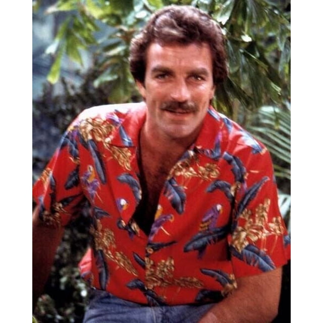 Tom Selleck classic portrait in his red Hawaiian shirt as Magnum PI ...
