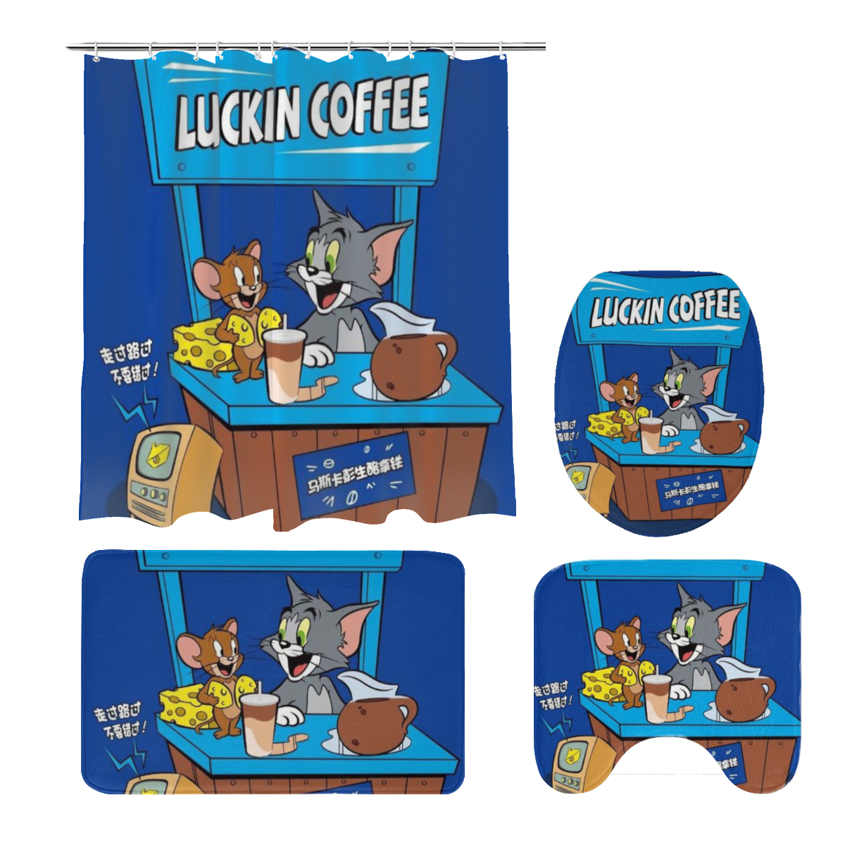 Tom and Jerry 4-Piece Shower Curtain Set with 12 Hooks with Non-Slip ...