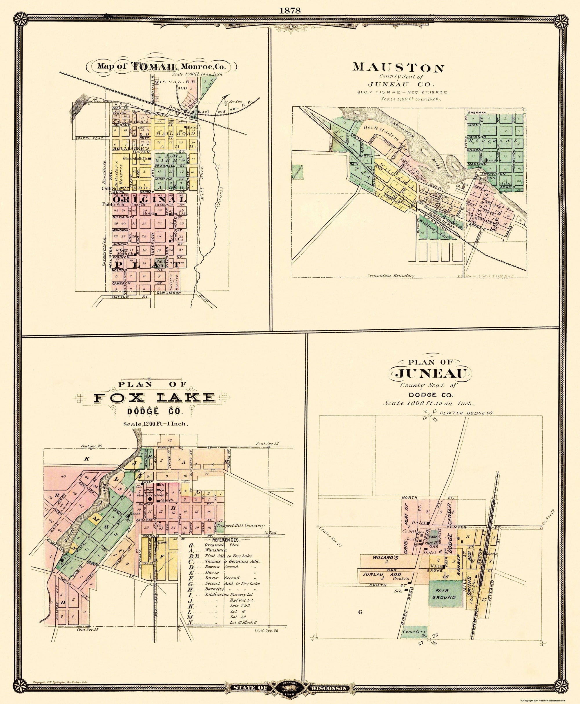 Historic City Map - Tomah Mauston Fox Lake Juneau Wisconsin - Snyder ...