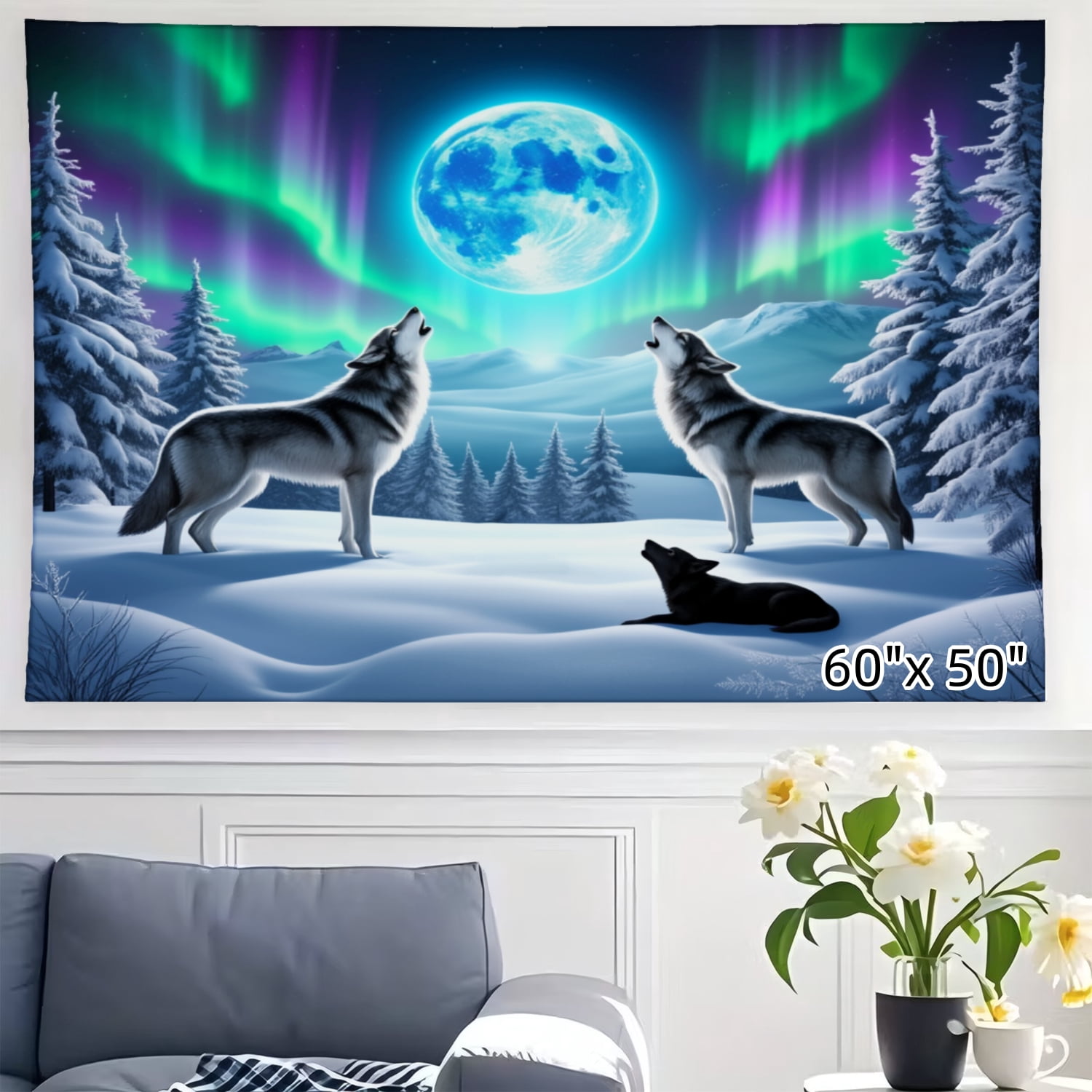 Tomalillin Wolf Howling Under Moon And Aurora Borealis Polyester ...