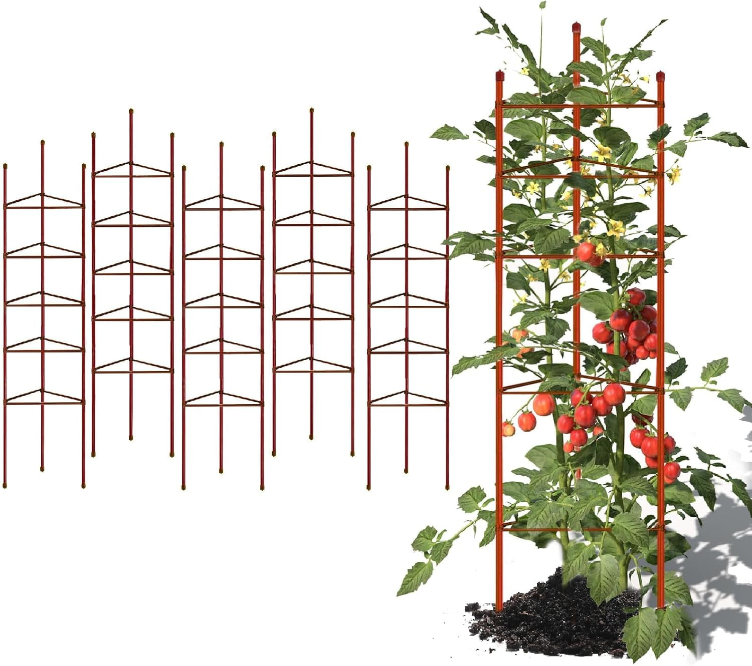 Tomato Cage, 6ft Tomato Cages for Garden 6-Pack Tomato Cage Support Red ...