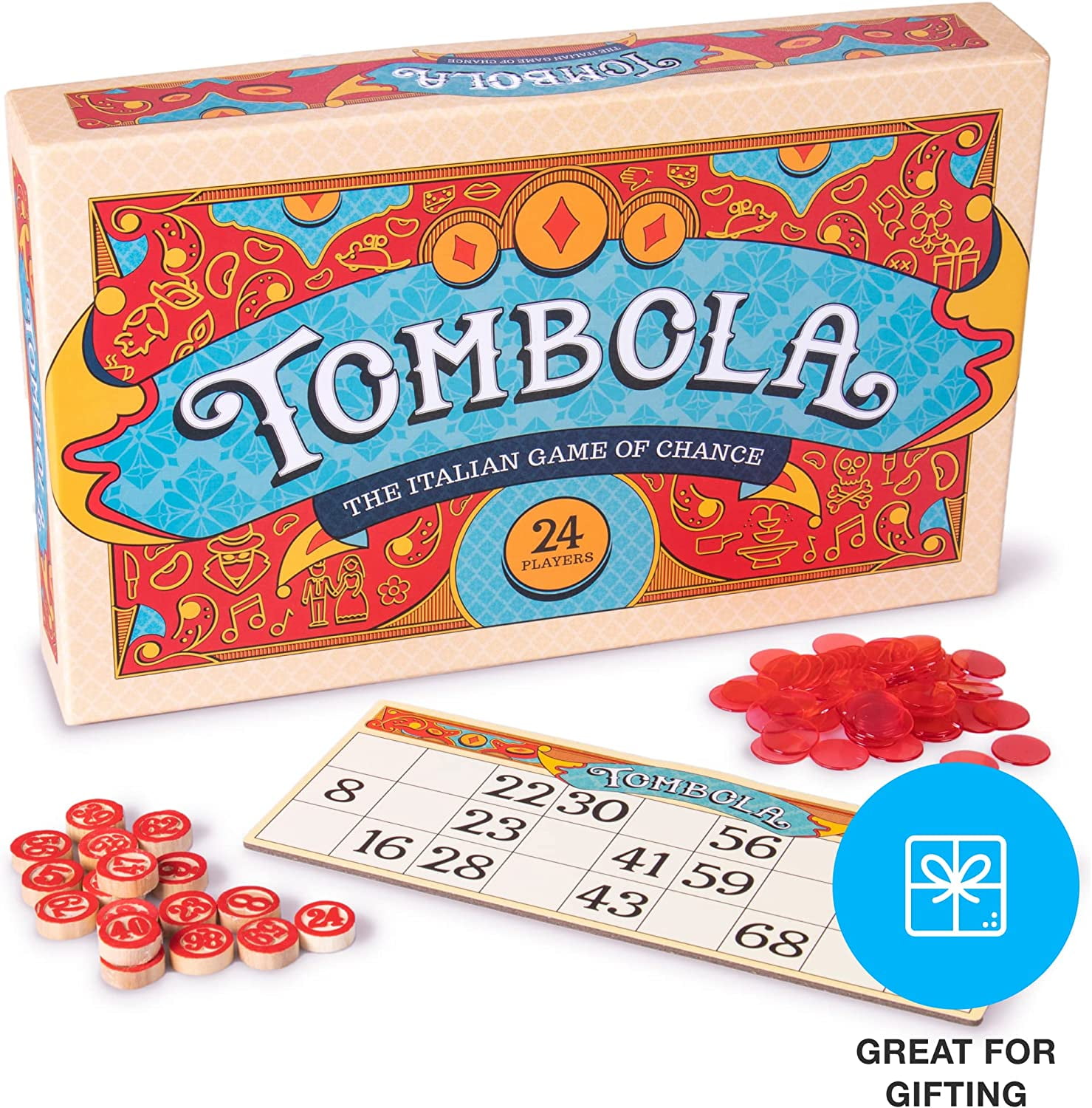 Tombola Bingo Family Game- Italian Tradition with 24 Players Capacity, Includes Board, Tiles ...