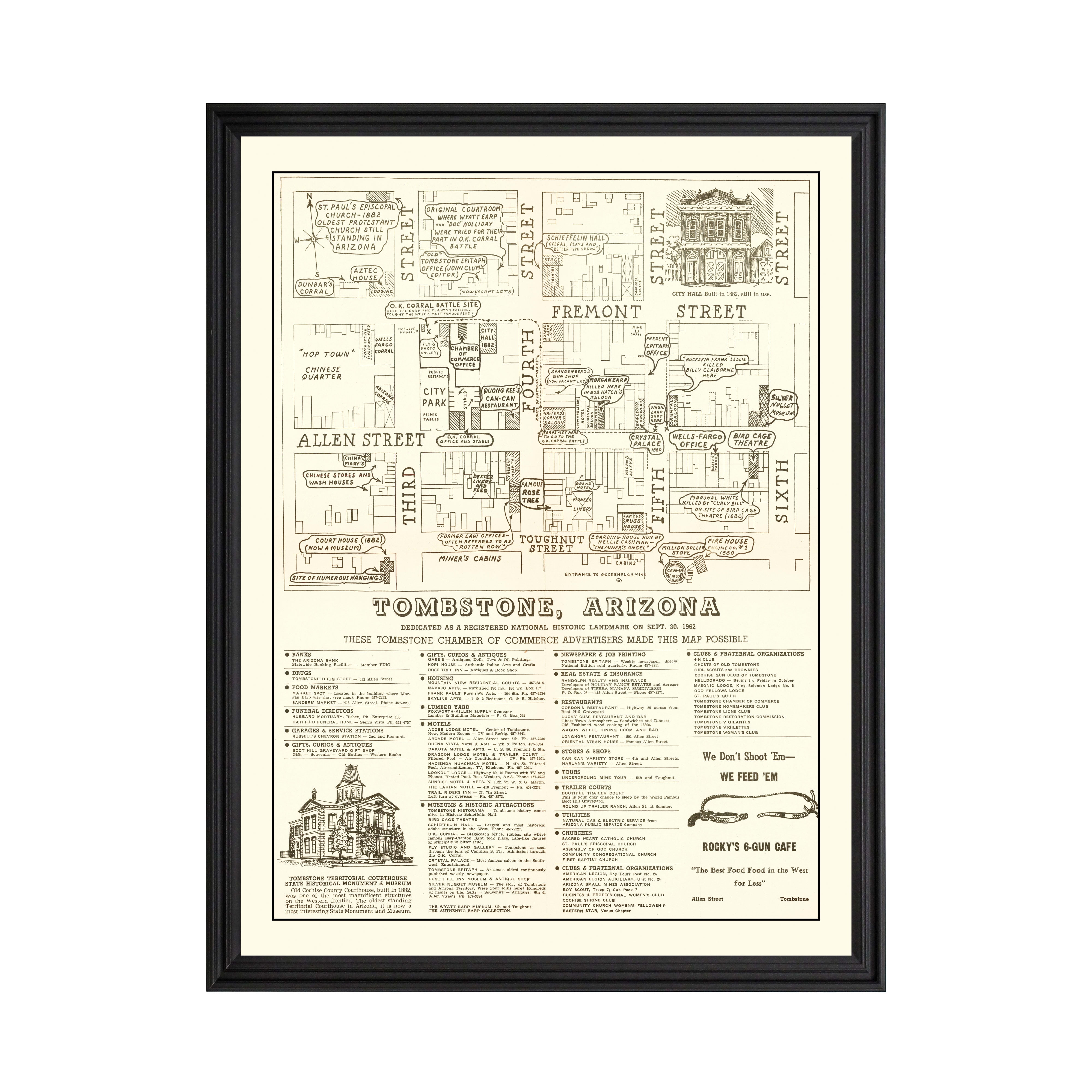 Tombstone Art, 1962 Vintage Map of Tombstone Arizona, AZ History Wall ...