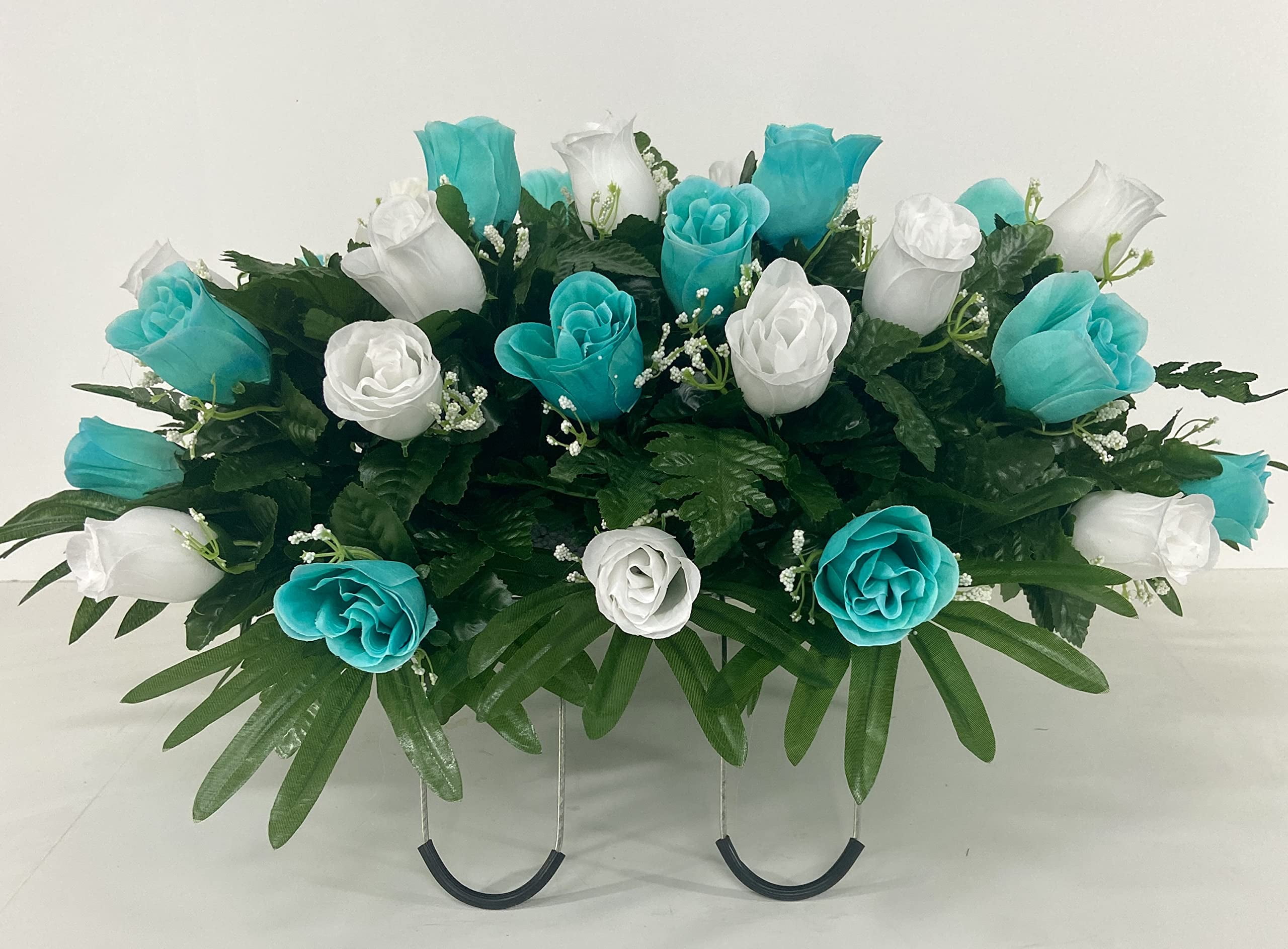 Tombstone Saddle Flowers, Teal White Roses for Cemetery Graves ...