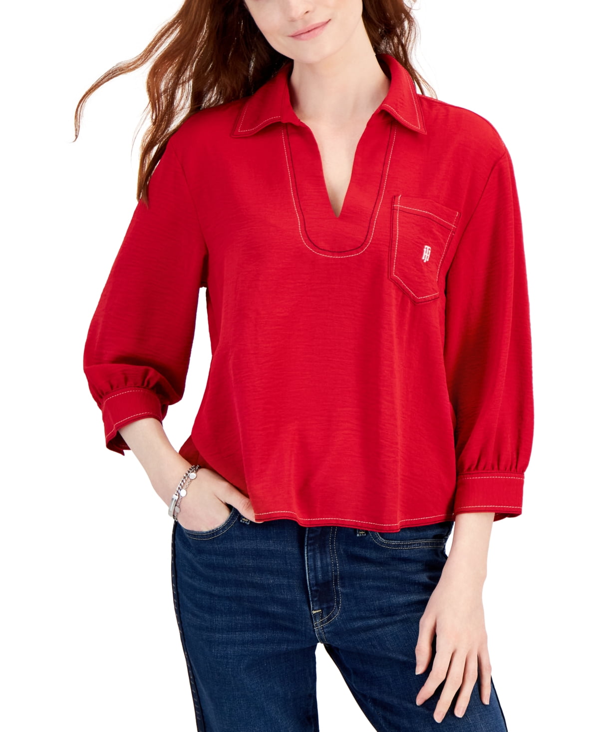 Tommy Hilfiger CHILI PEPPER Women's Aero Split-Neck Popover Top, US XS ...