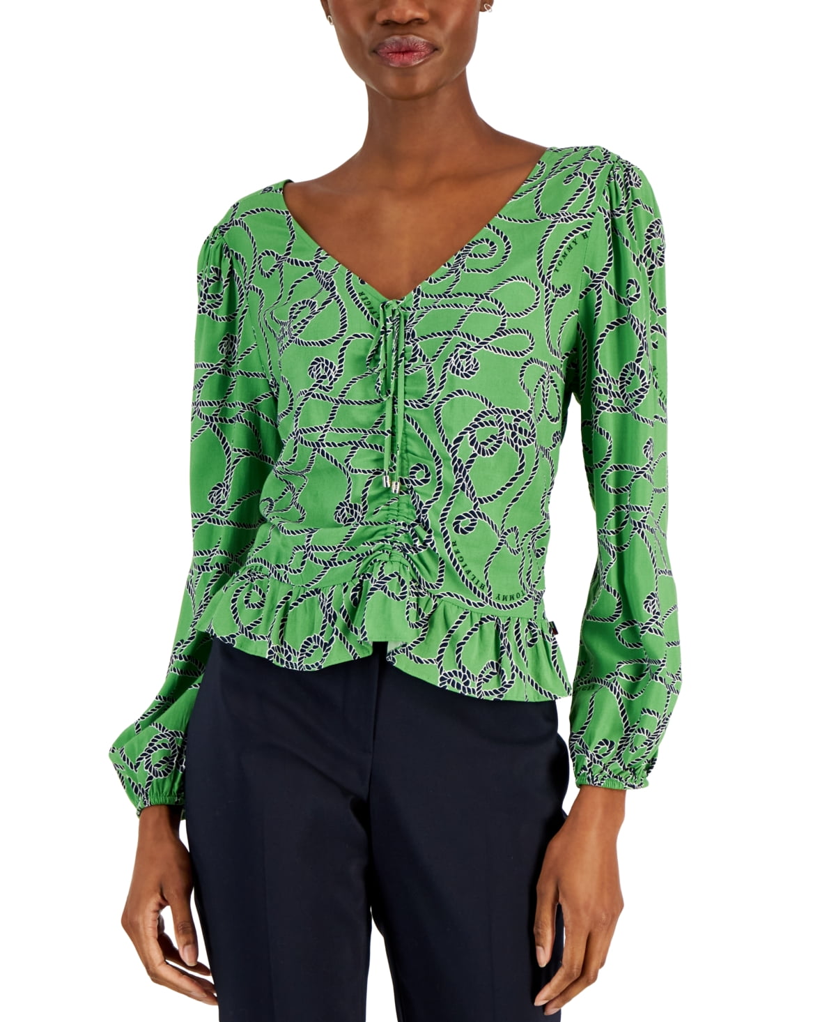 Tommy Hilfiger Long-Sleeve Ruched Rope Top Knotty Ropes- New Leaf Multi ...