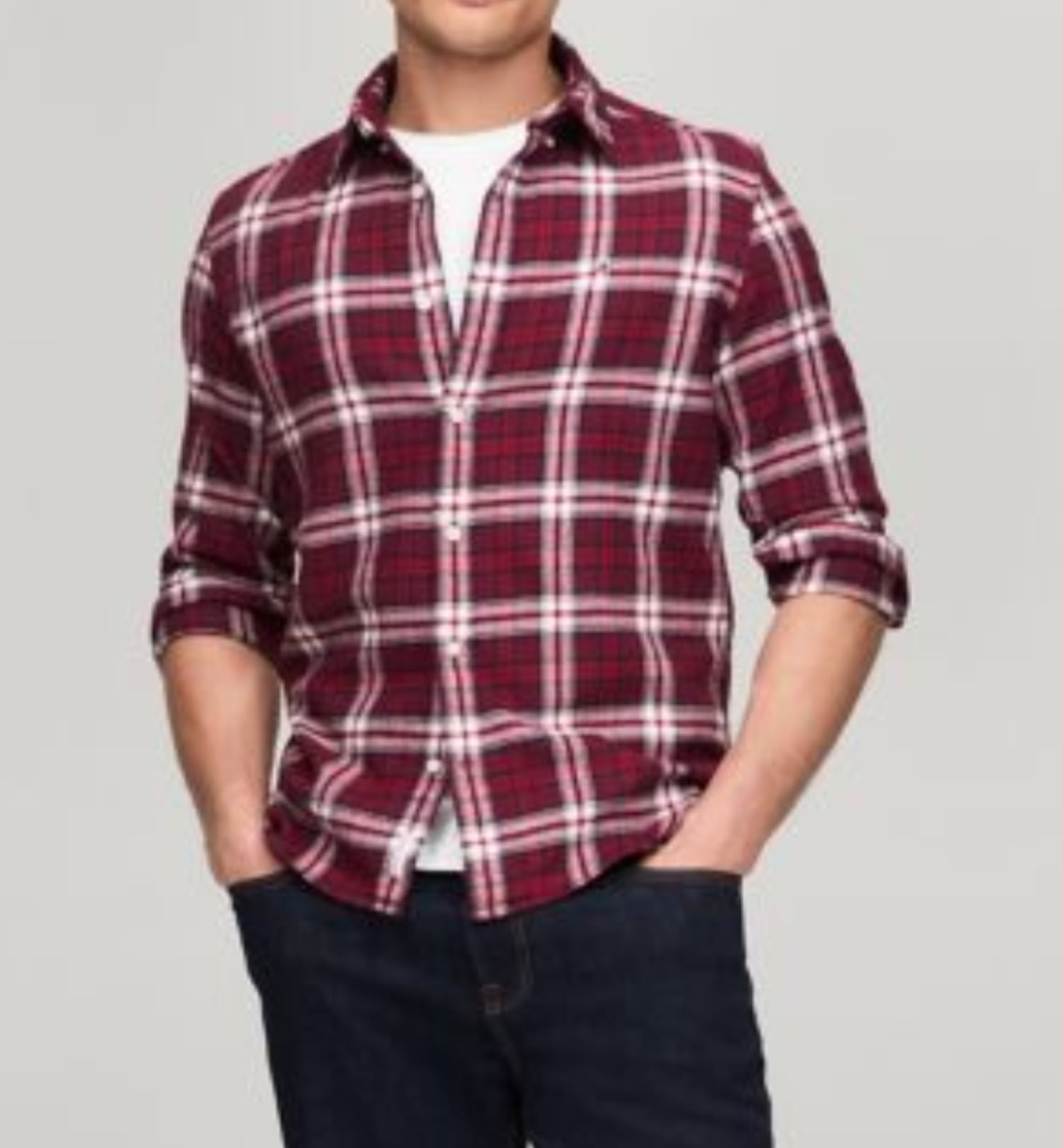 Tommy Hilfiger Mens Regular Fit Brushed Plaid Button Down Shirt Rouge ...