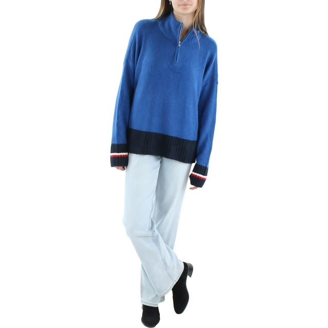 Tommy Hilfiger Womens Half-Zip Colorblock Mock Turtleneck Sweater ...