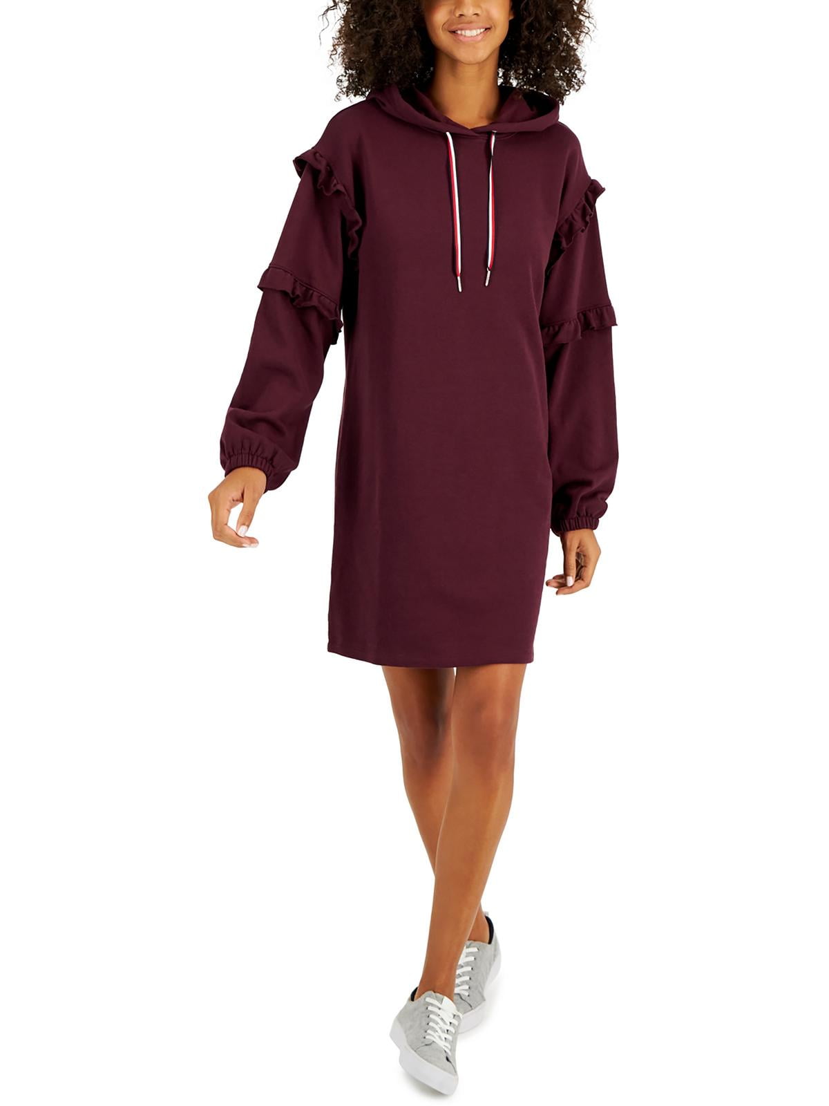 Tommy Hilfiger Womens Hooded Ruffled Sweatshirt Dress - Walmart.com