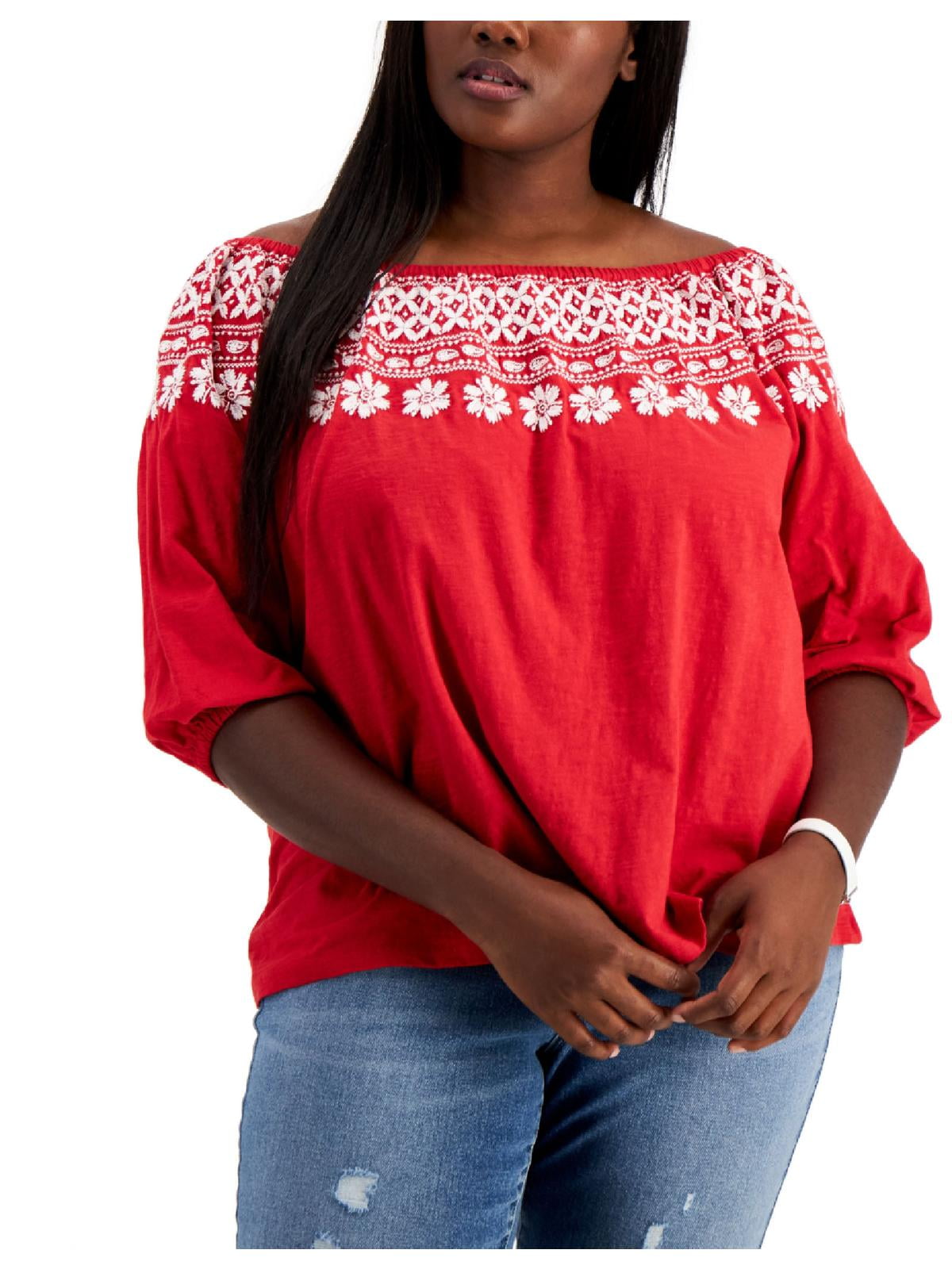 Tommy Hilfiger Womens Plus Cotton Off-The-Shoulder Blouse - Walmart.com