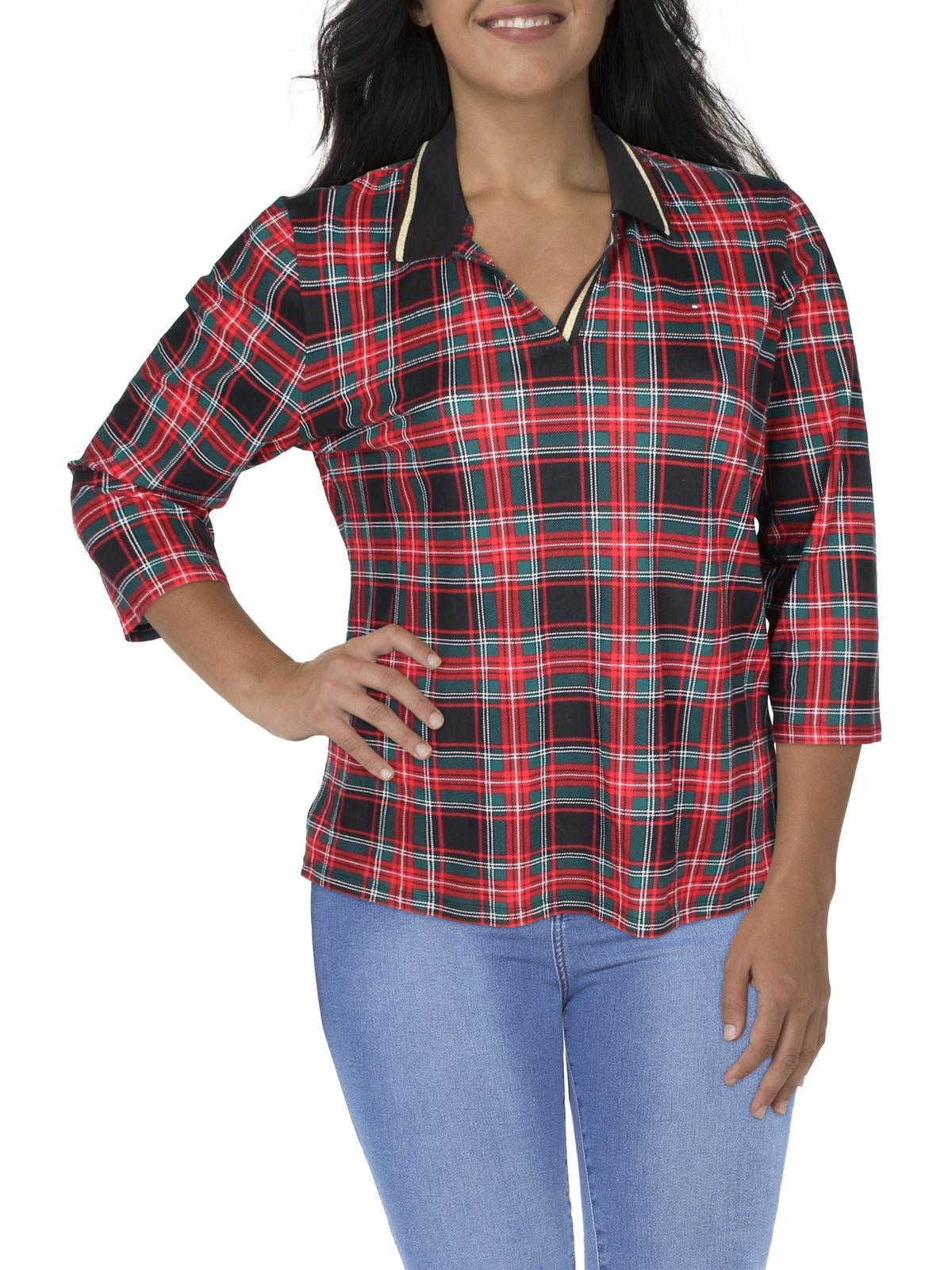 Tommy Hilfiger Womens Striped Collar Plaid Pullover Top - Walmart.com