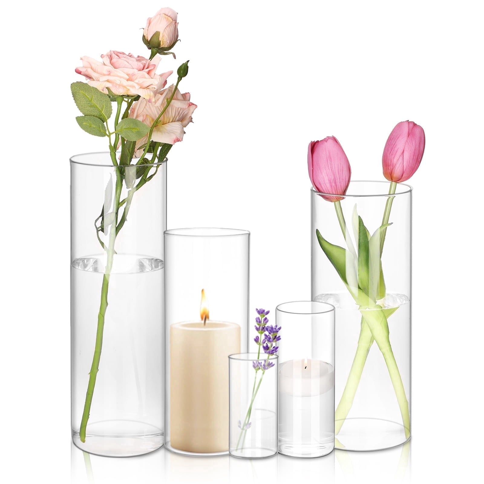 Tomnk Clear Glass Cylinder Hurricane Candle Holder Vases Set of 5 (4"+6 ...