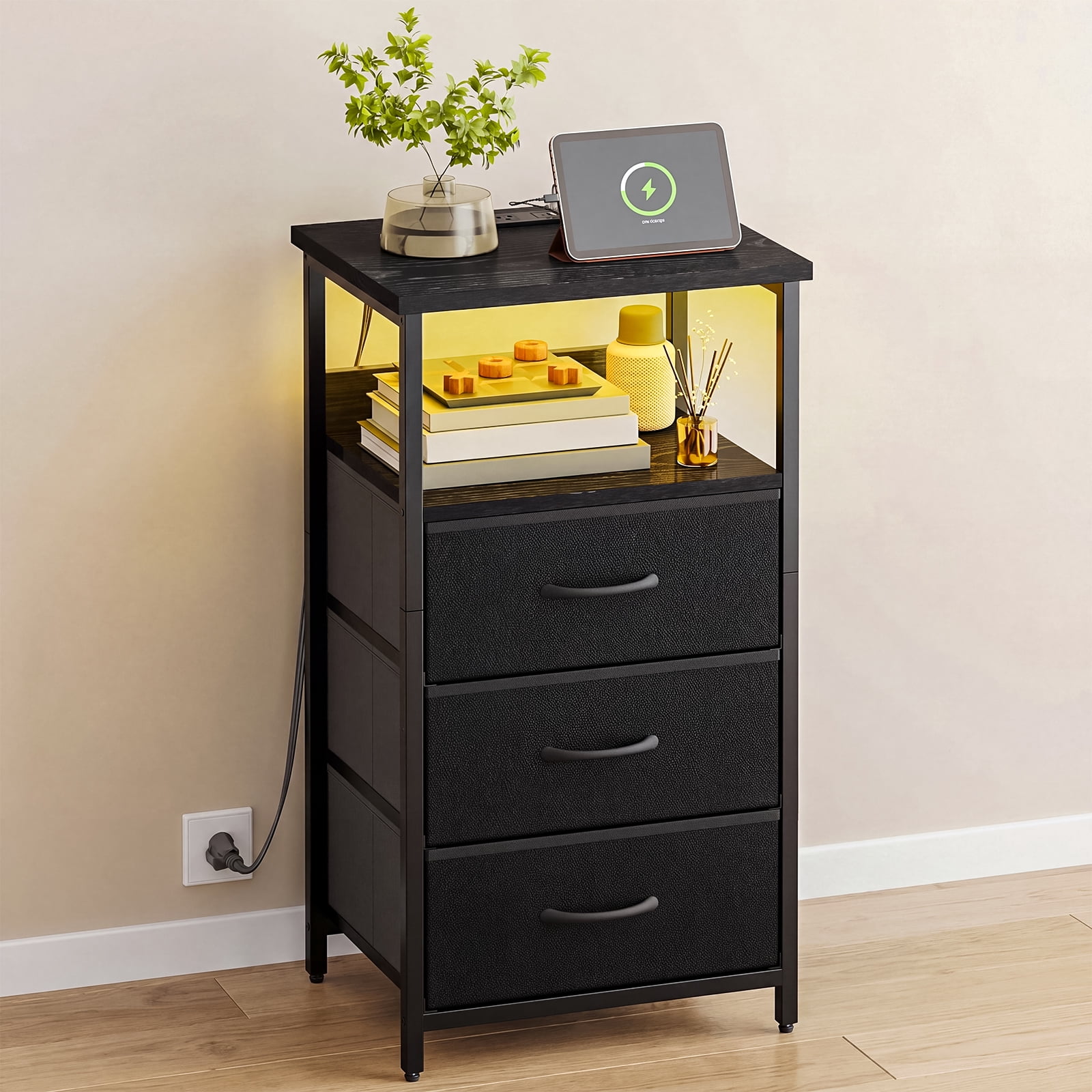Tomnk Woo LED Nightstand with Charging Station, USB Ports, Outlets, 3 ...