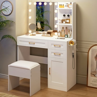 Walmart Vanity Desk with Mirror, Lights, Drawers, and Built-in Makeup ...