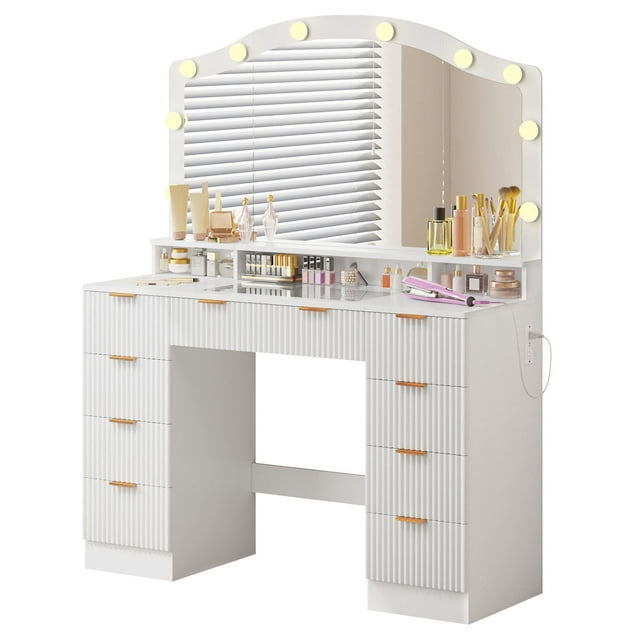 Tomnk woo 46" Fluted Vanity Desk with Mirror, Lights, Glass Top, 9 ...