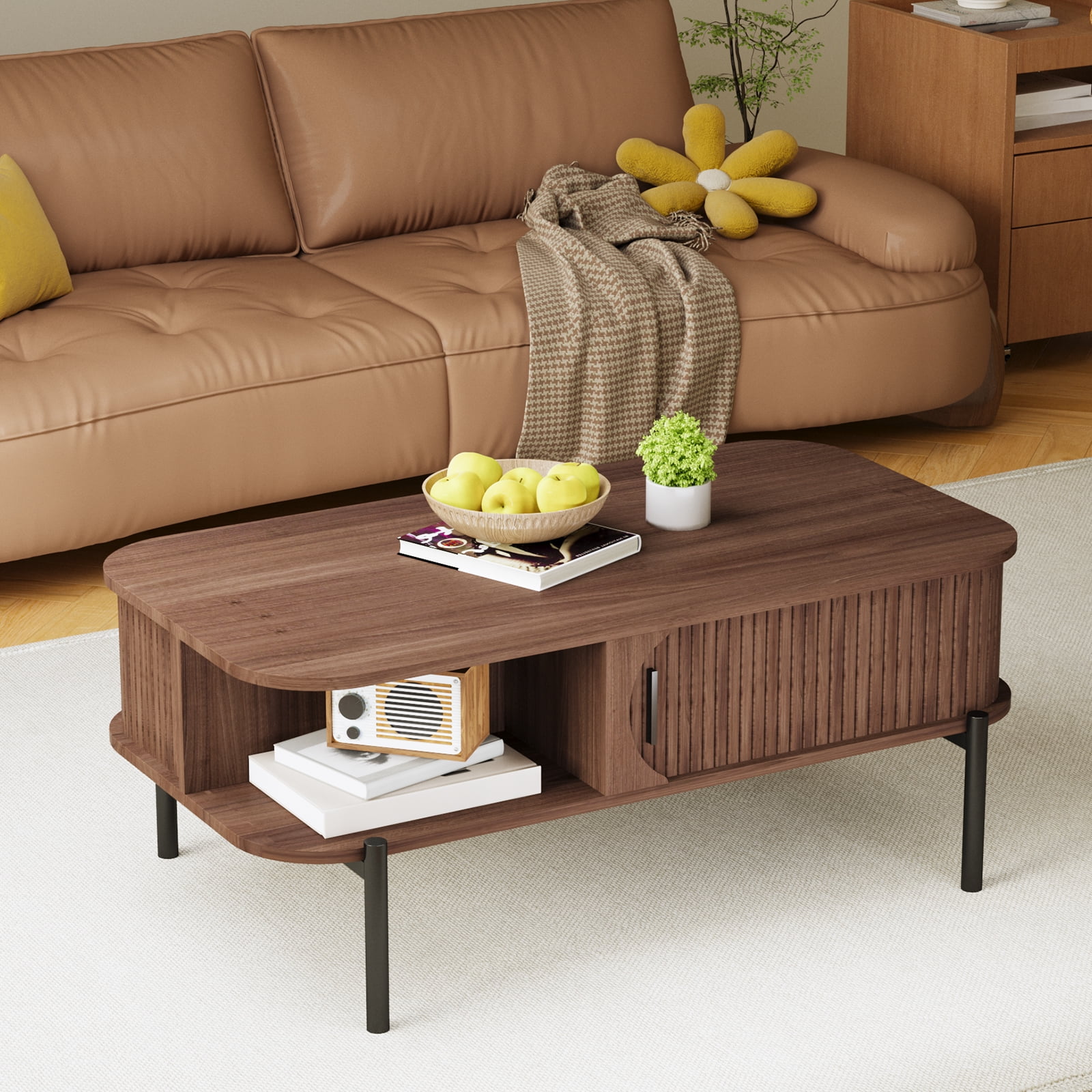 Tomnk woo Coffee Table for Living Room, 39.4" Round Fluted Table with ...