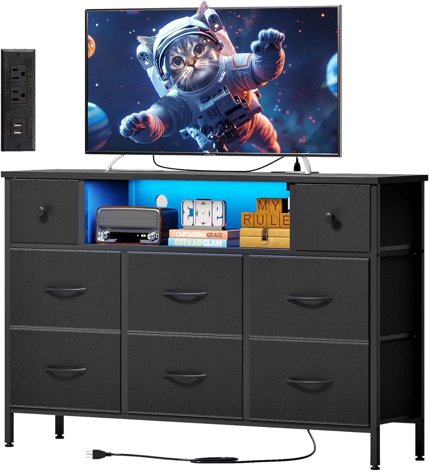 Tomnk woo Dresser for Bedroom with Power Outlets and LED Lights, Black ...