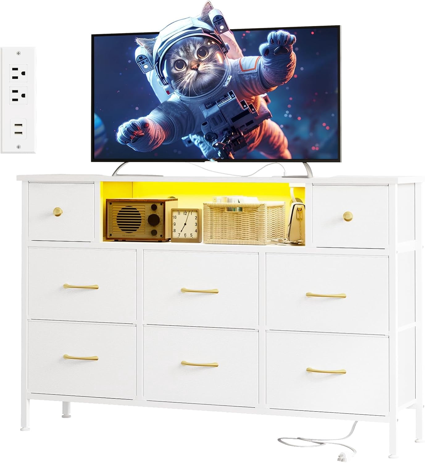 Tomnk woo Dresser for Bedroom with Power Outlets and LED Lights, White ...