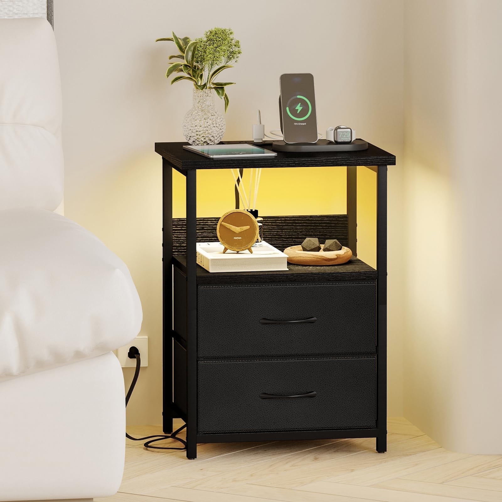 Tomnk woo Nightstand with Charging Station, LED Night Stand with USB ...