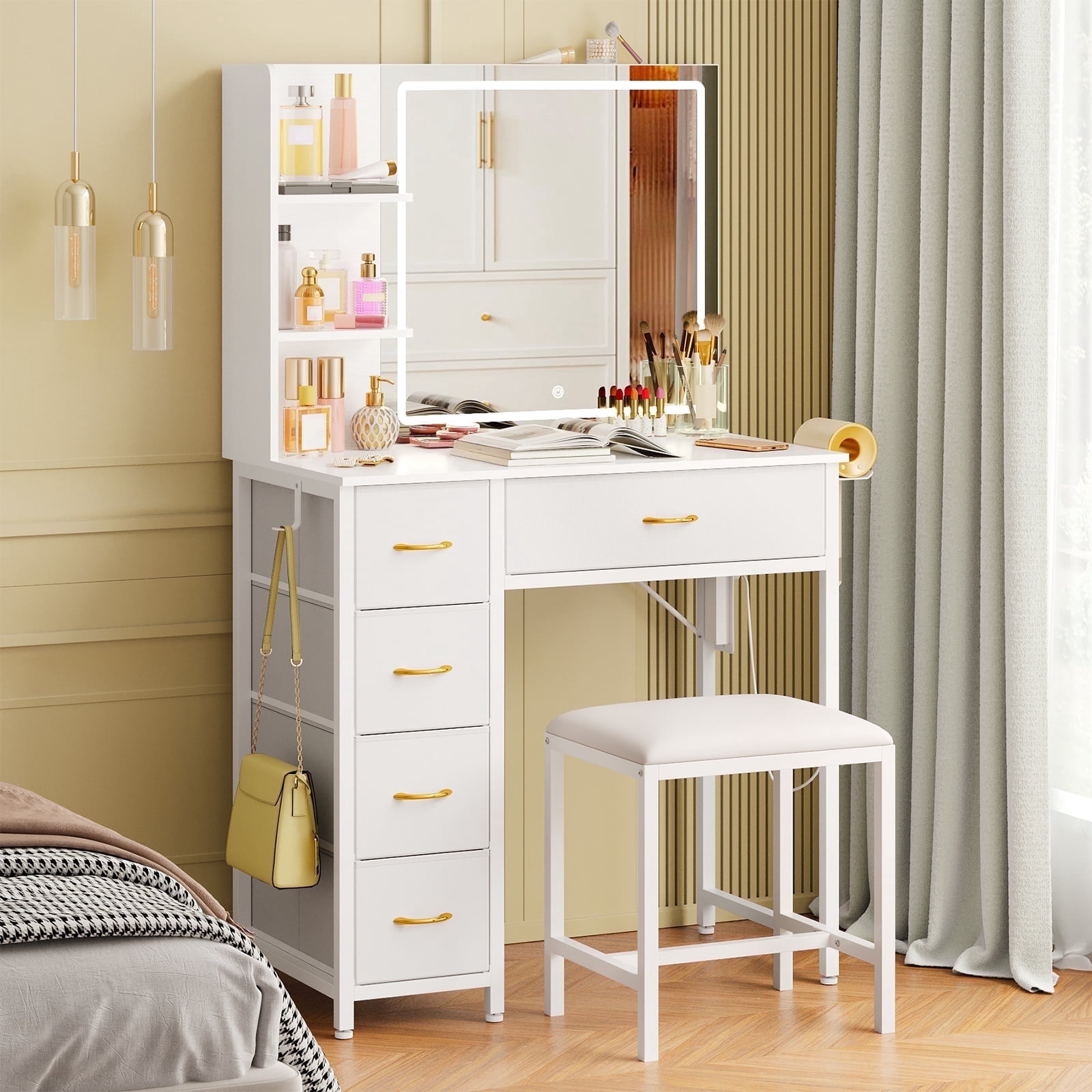 TOMNK Vanity Desk with Mirror Lights, 5 Drawers, Stool, Charging ...