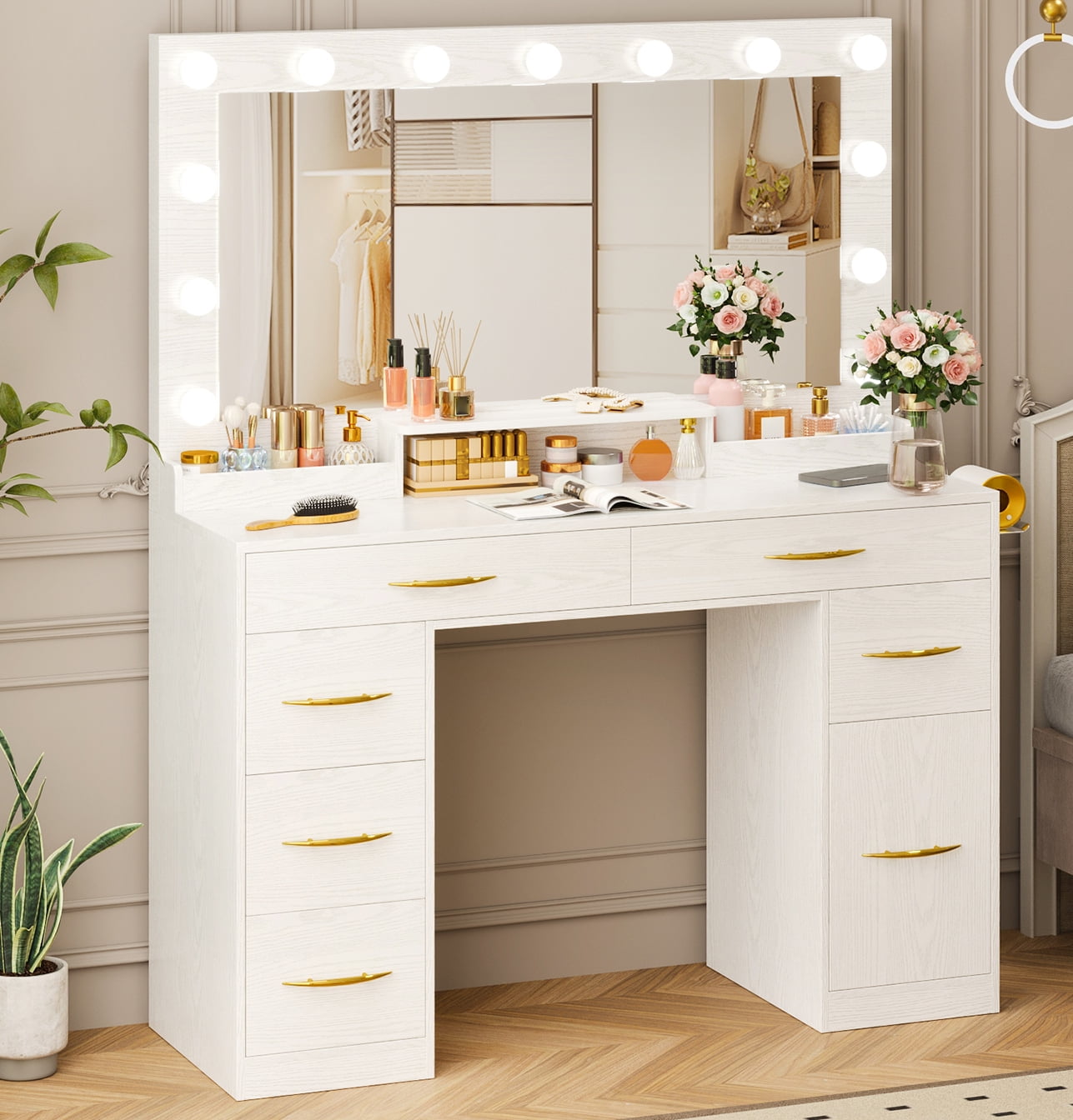Tomnk woo White Makeup Vanity Desk with Large Mirror, Adjustable Lights ...