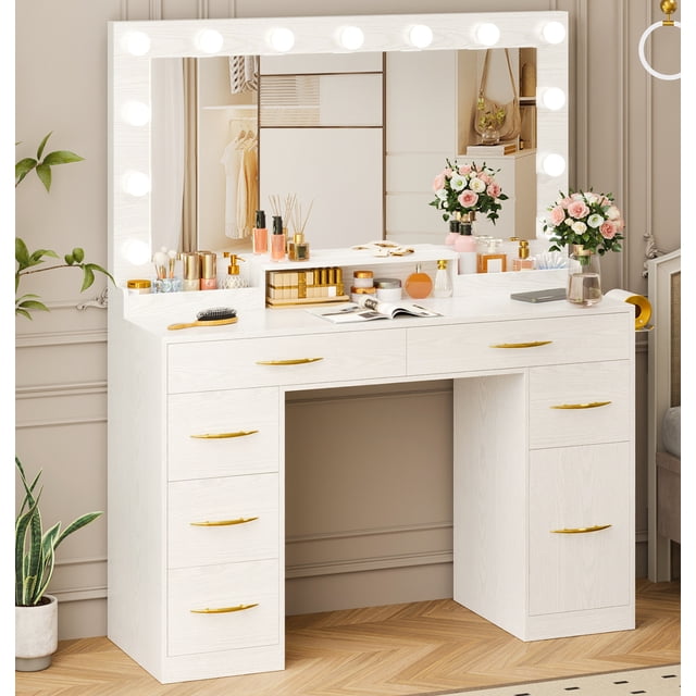 Tomnk woo White Makeup Vanity Desk with Large Mirror, Adjustable Lights ...